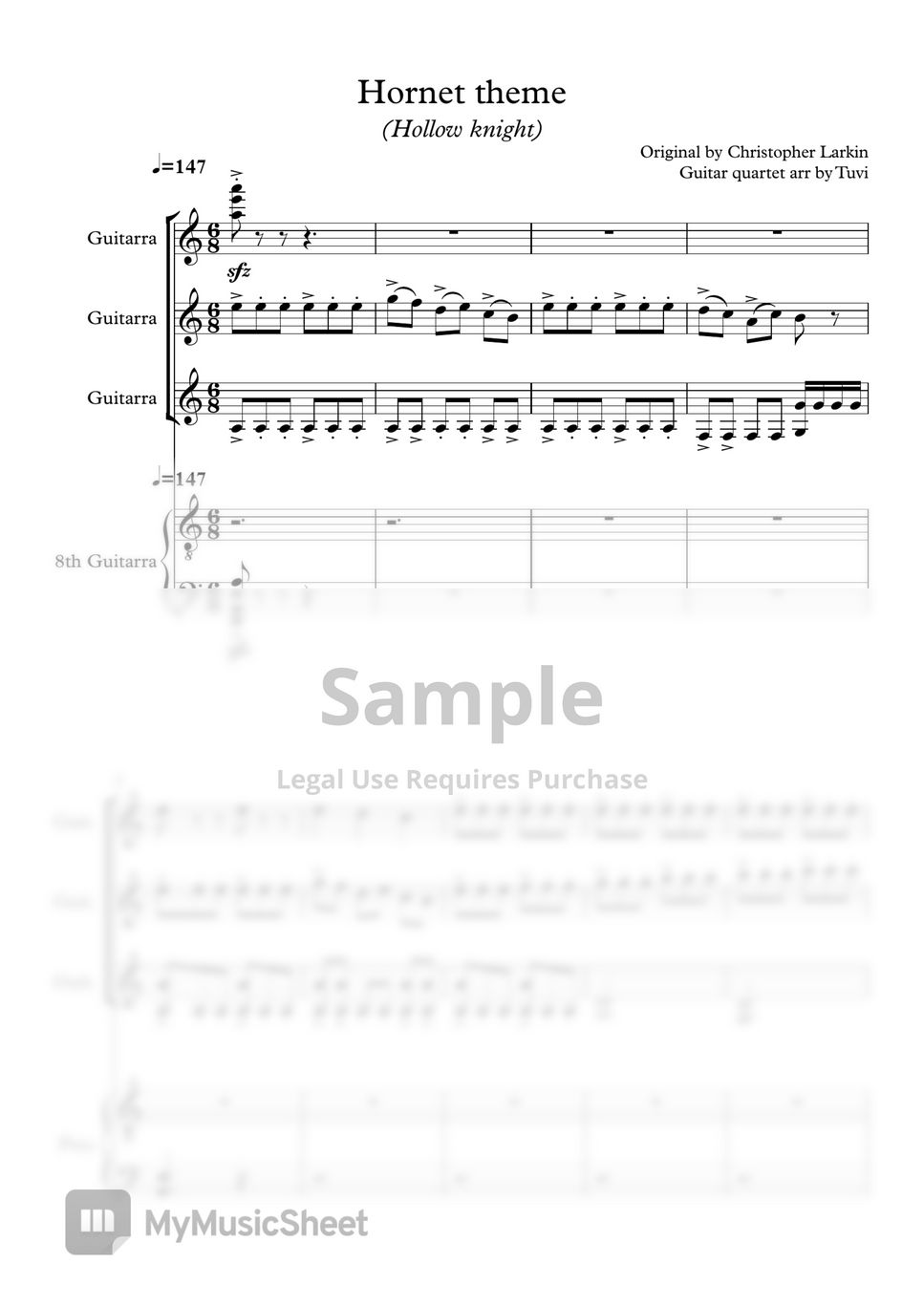 Christopher Larkin - Hornet theme (Classical guitar cuartet) Sheet Music by Tuvi_guitar