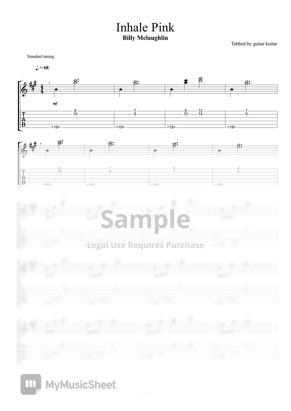 Billy McLaughlin - Inhale Pink (TAB Sheet Music) Tab + 1staff by guitar ...