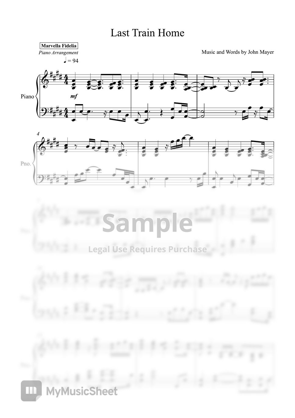 John Mayer - Last Train Home 楽譜 by Marvella Fidelia