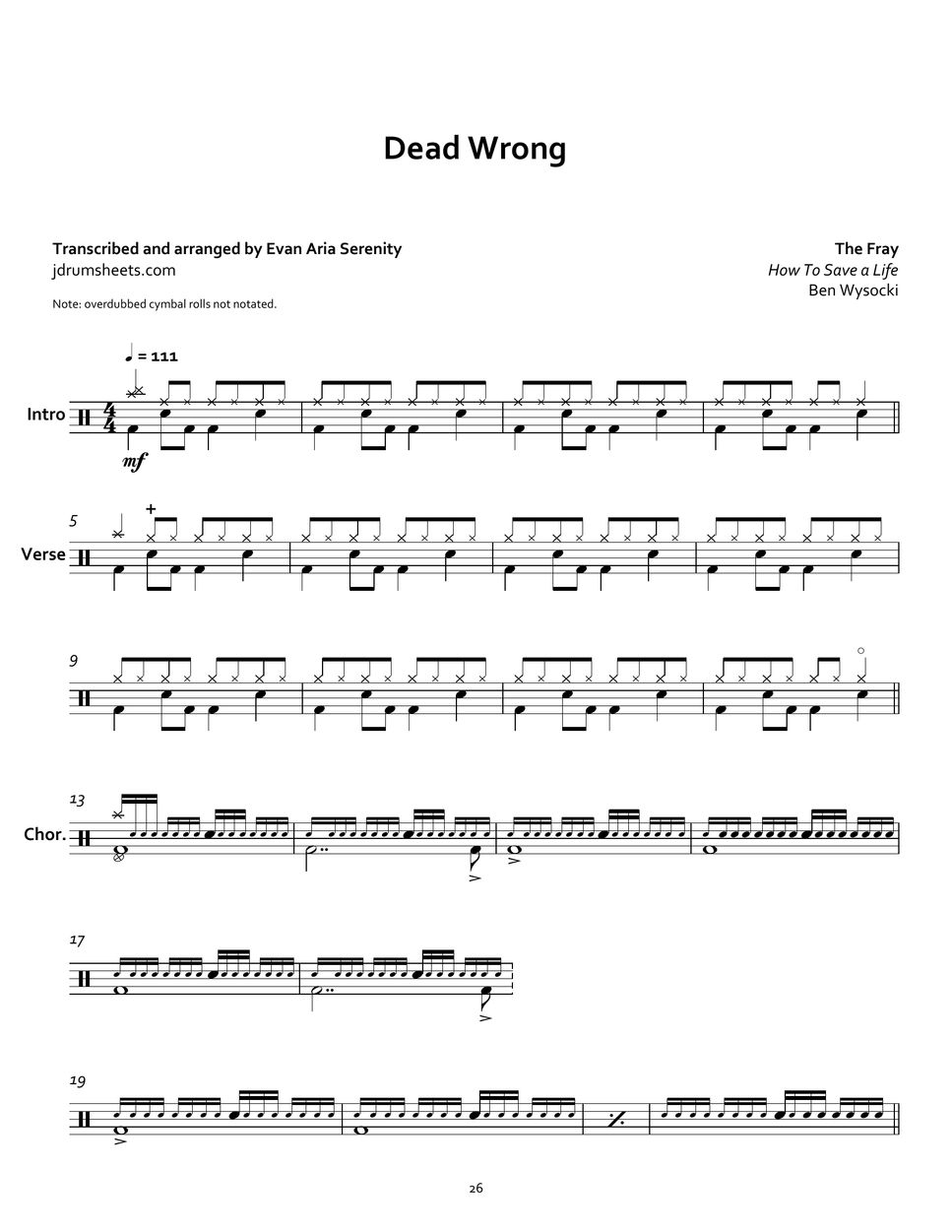 The Fray - Dead Wrong 악보 by Evan Aria Serenity