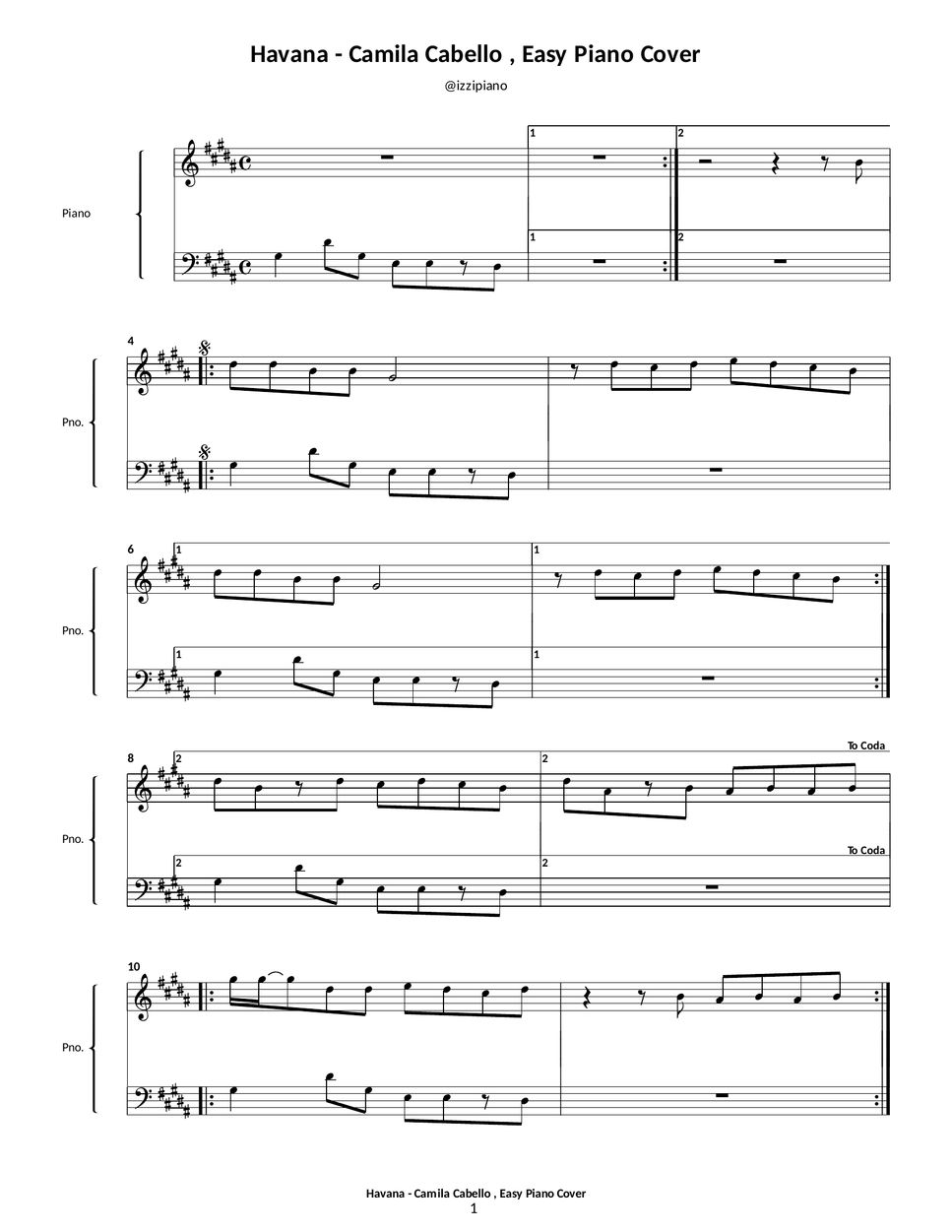 Izzipiano - Havana - Camila Cabello , Easy Piano Cover Partitura
