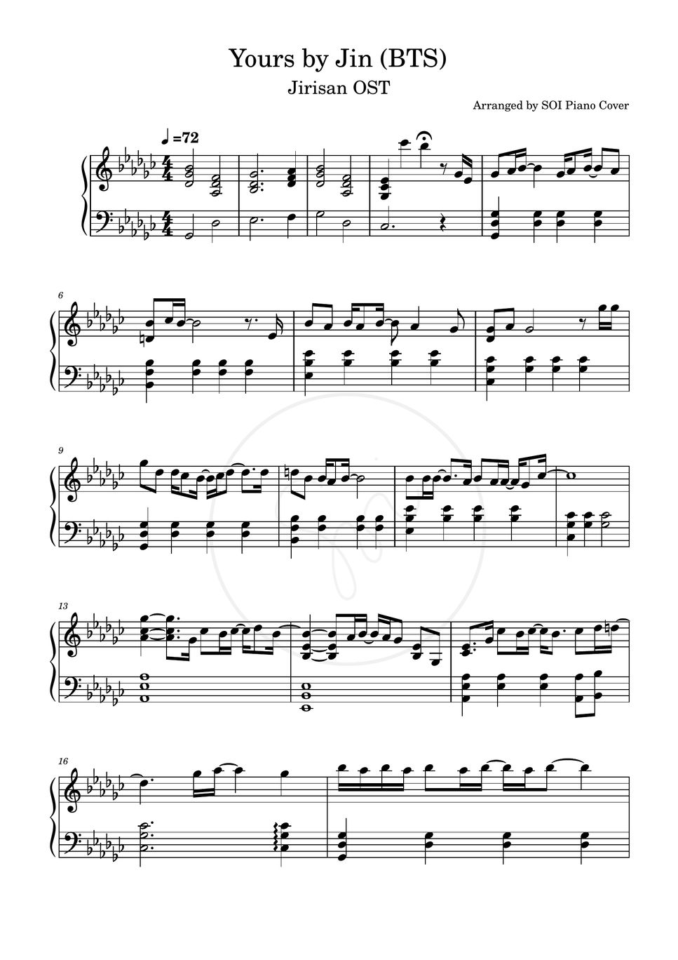 [Jirisan OST] Jin (BTS) - Yours (Solo Piano) Sheet by SOI Piano Cover