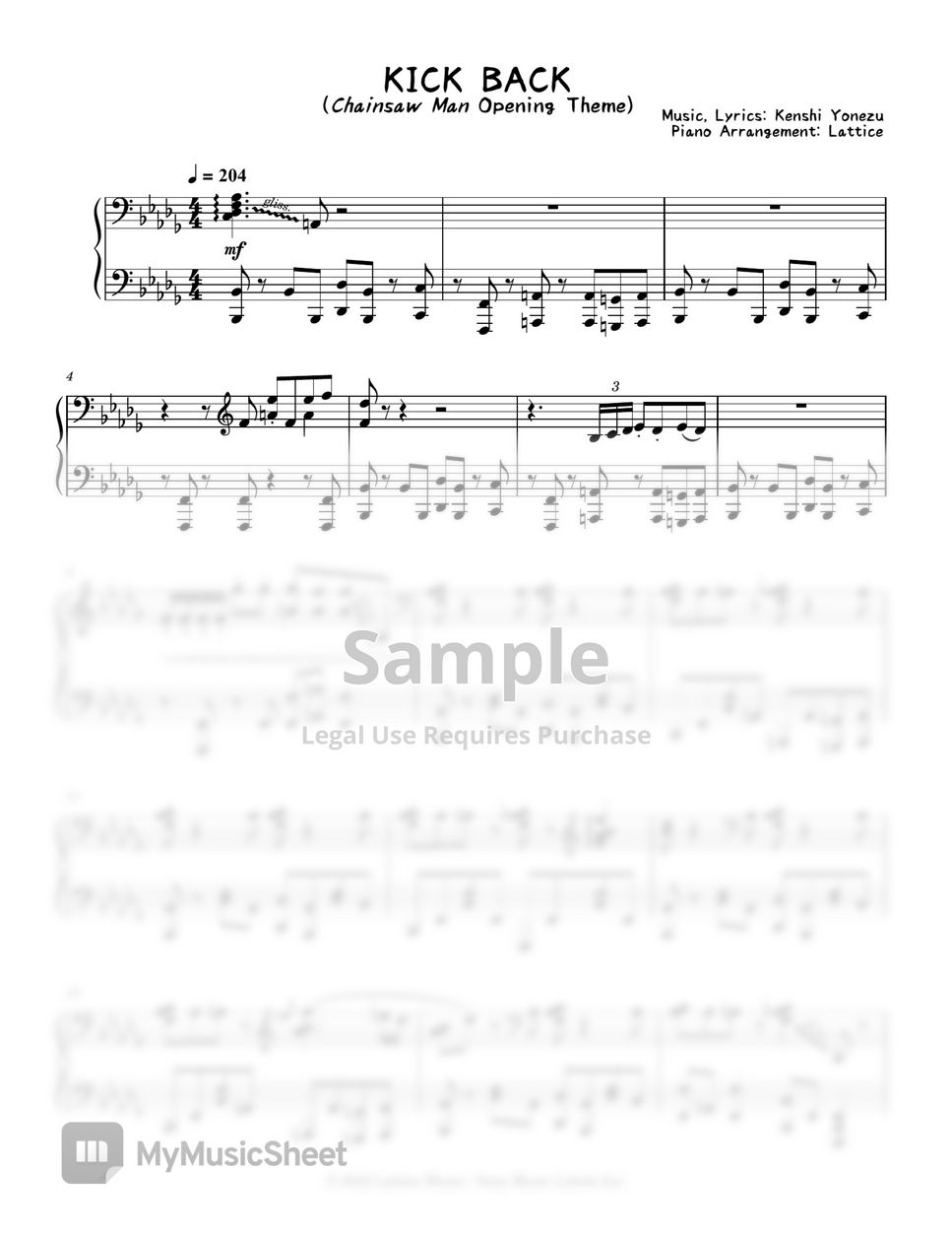米津玄師 - KICK BACK (Chainsaw Man OP) Sheet Music by Lattice