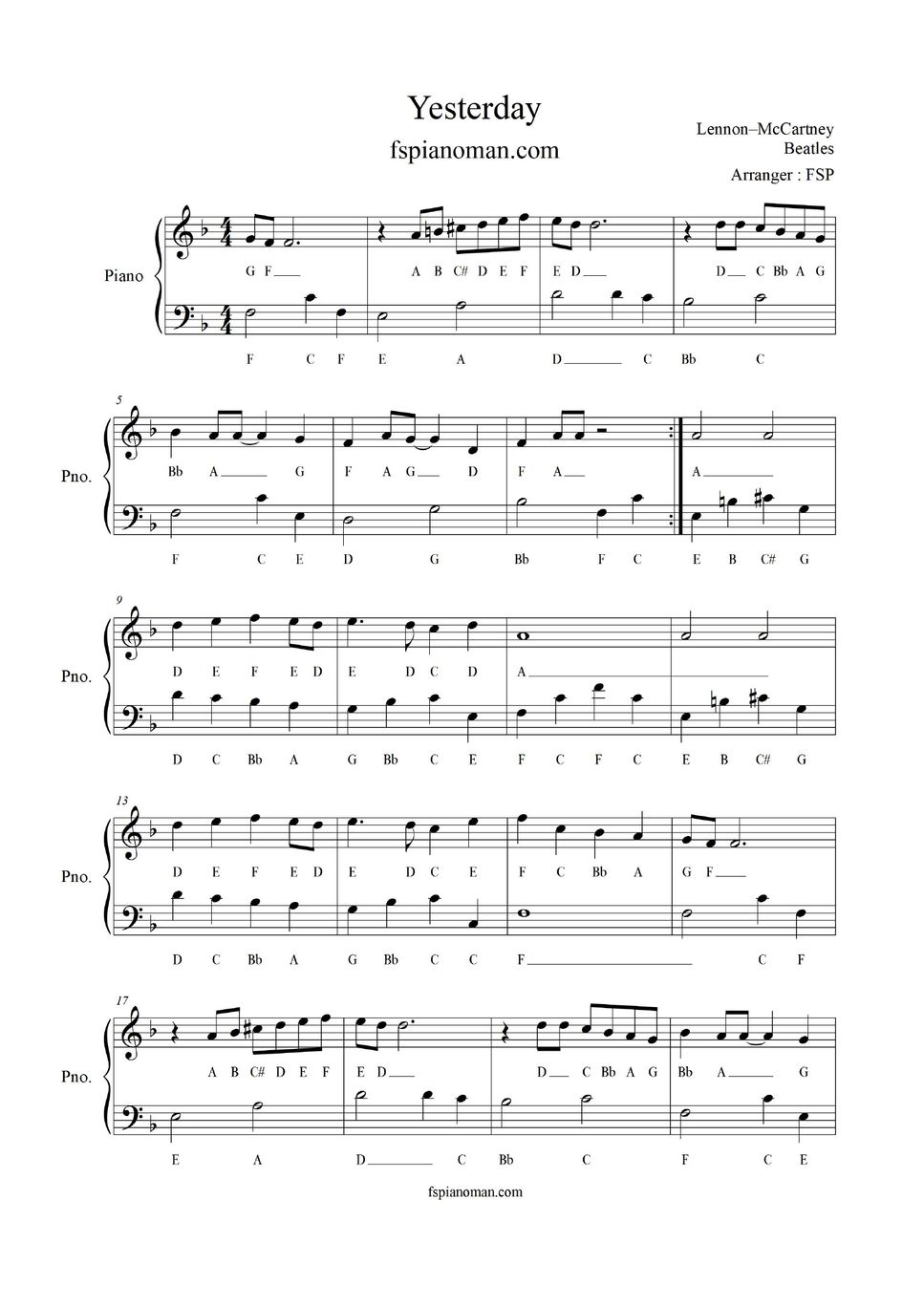 Beatles - Yesterday (Notes Sheet Musi) Nuty by freestyle pianoman