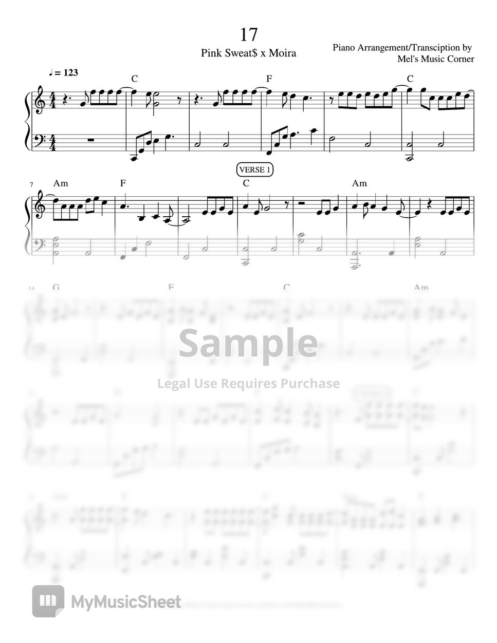 Pink Sweat$ - 17 (piano sheet music) Sheet Music by Mel's Music Corner