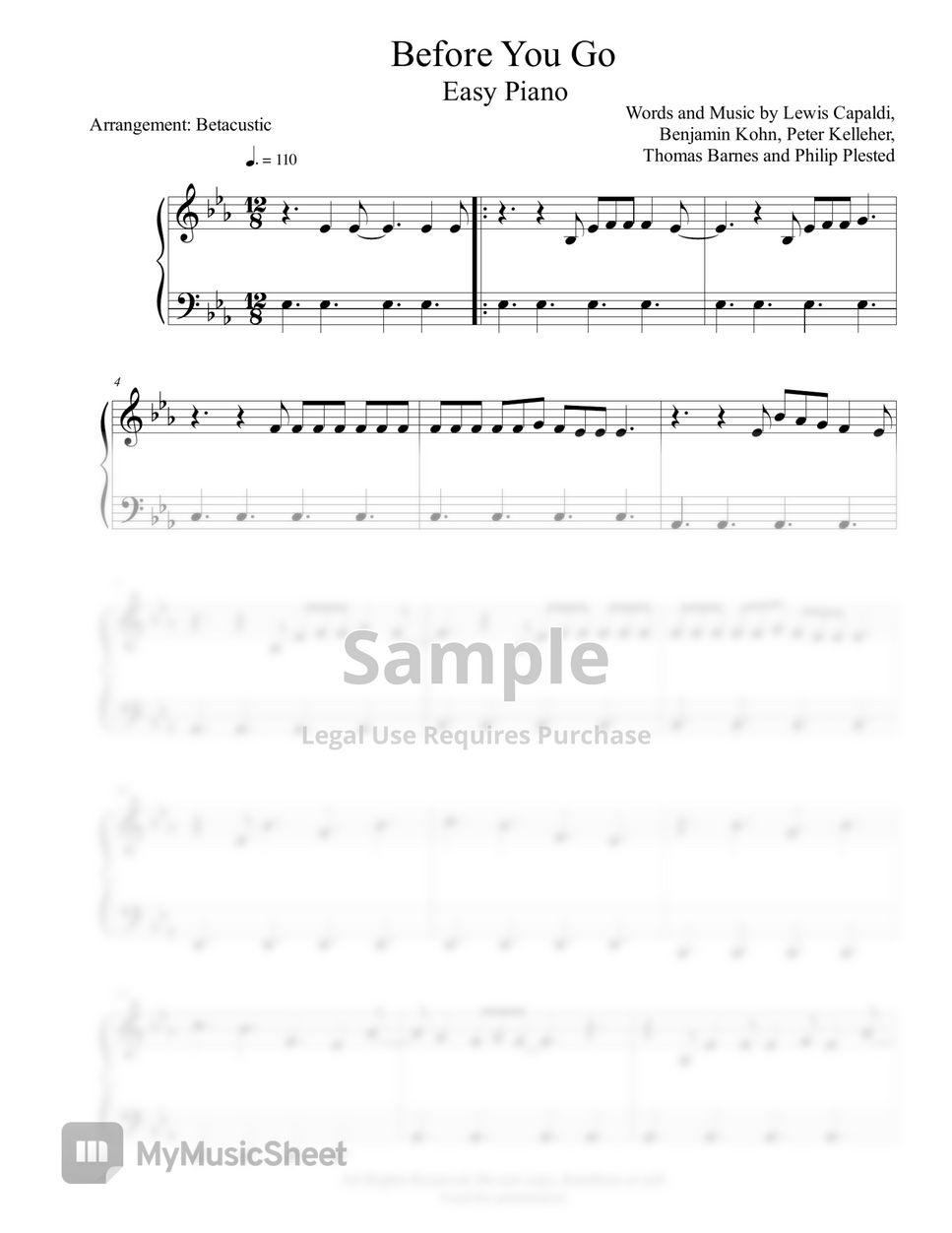 Lewis Capaldi - Before You Go (Easy Piano) Sheet Music by Betacustic