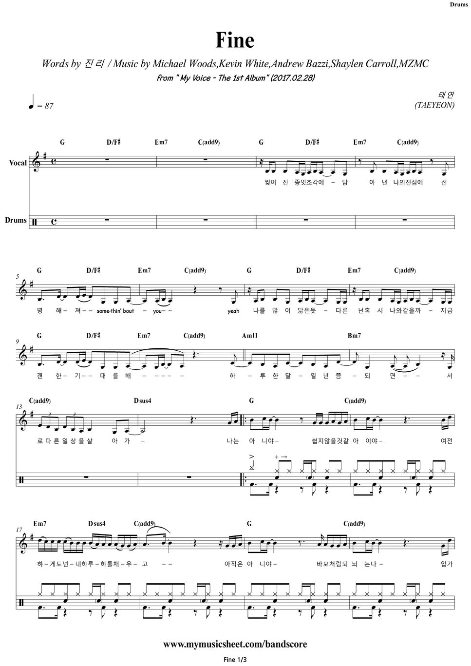 TAEYEON - Fine | Band Score Sheet