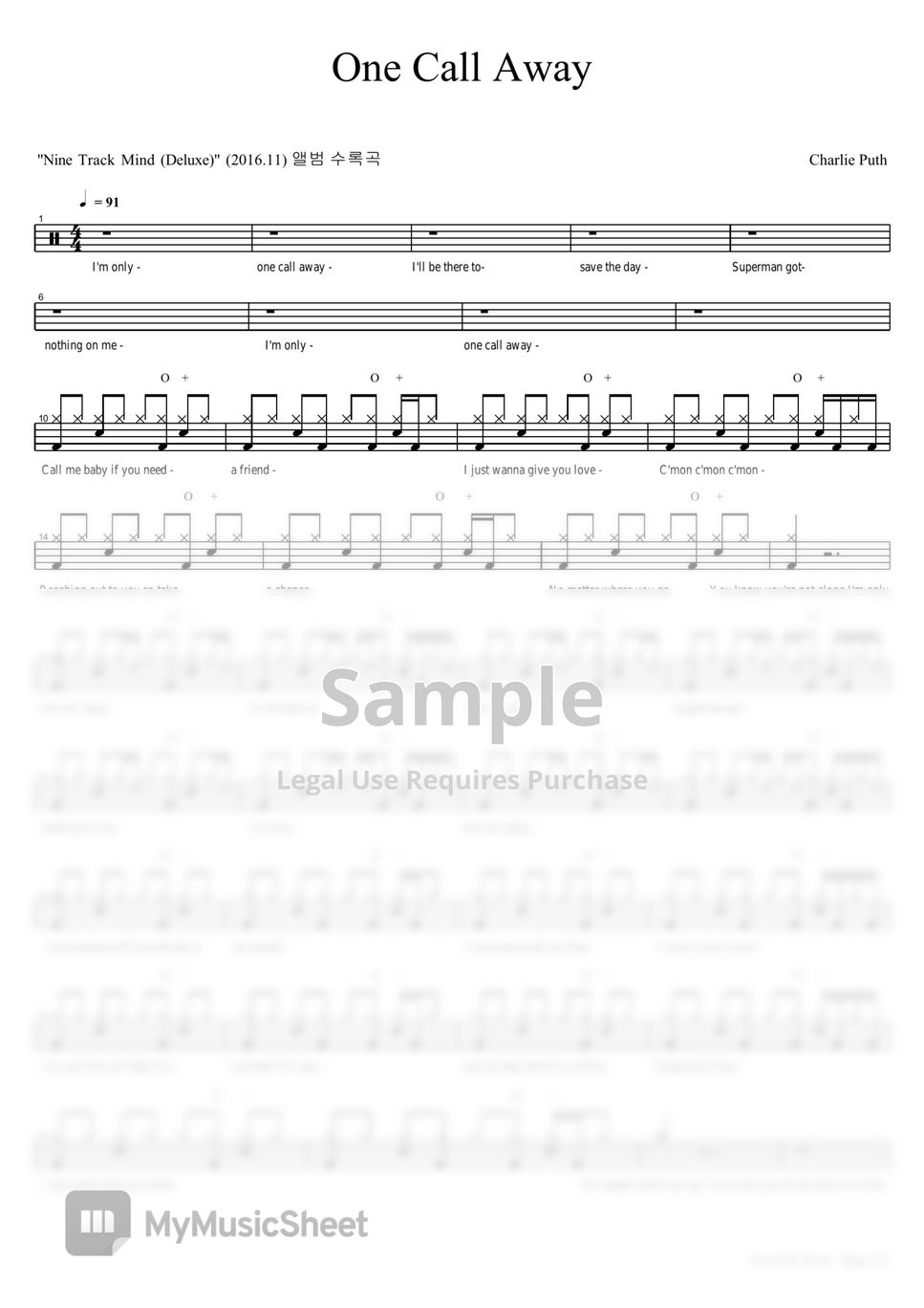 Charlie Puth - One Call Away 악보 by COPYDRUM