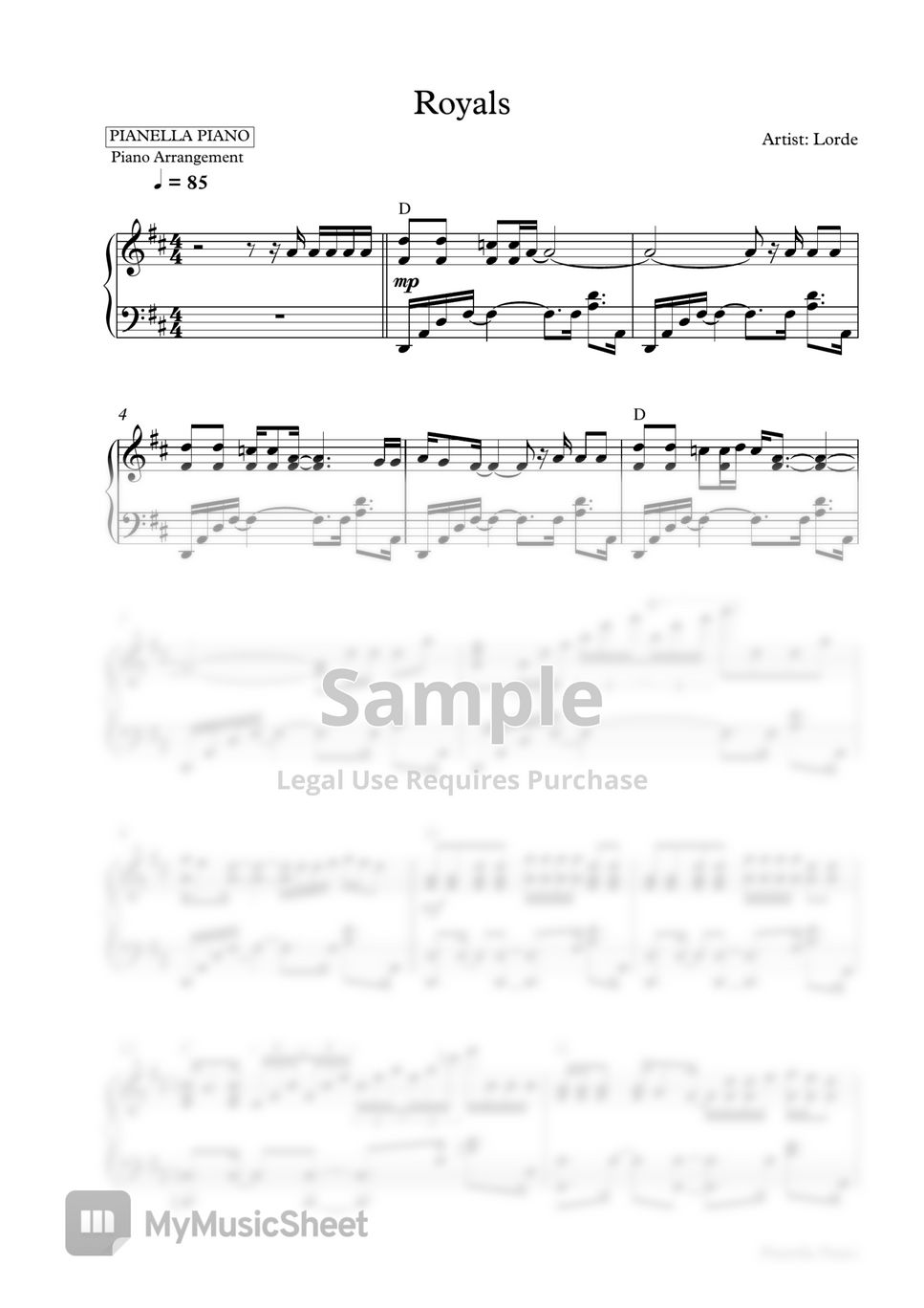 Lorde - Royals (Piano Sheet) 악보 by Pianella Piano