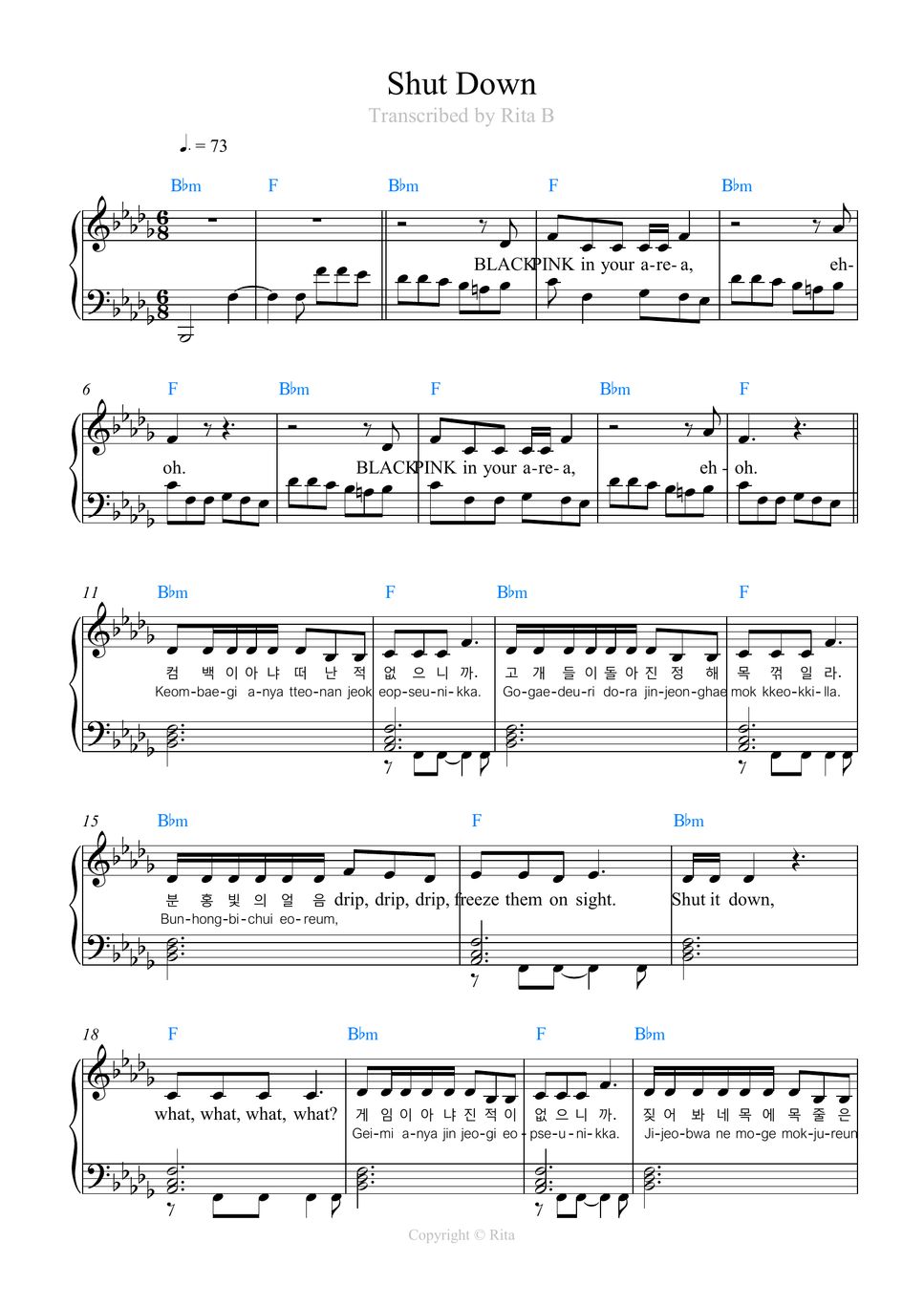 BLACKPINK - Shut Down (With lyrics on) 악보 by Rita