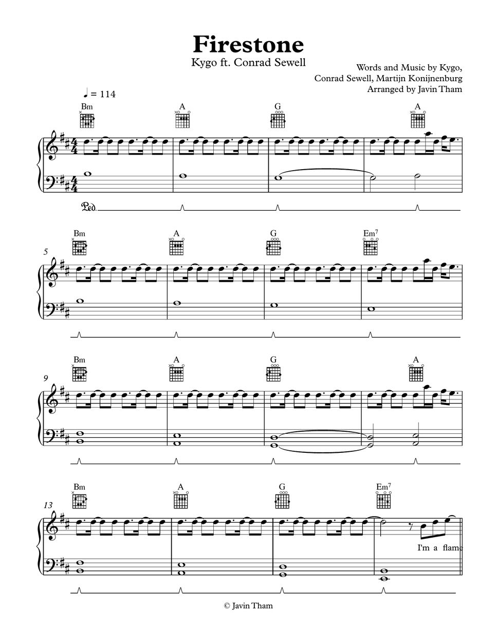 Kygo ft. Conrad Sewell - Firestone Sheet by Javin Tham