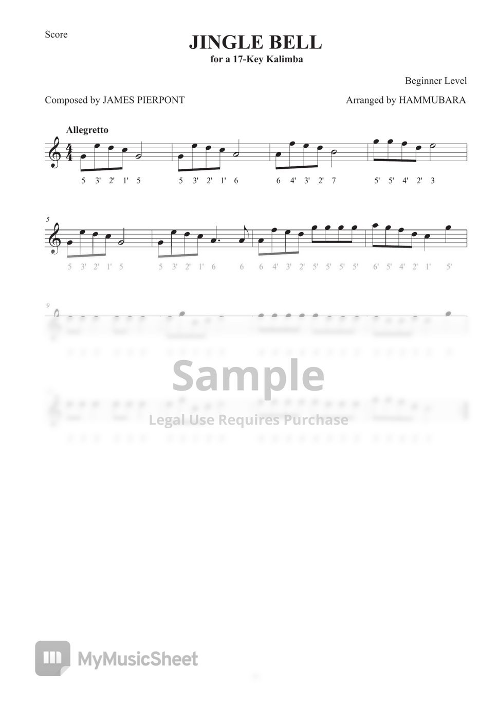 Christmas Carol - Jingle Bell EASY (kalimba) 악보 by Hammubara