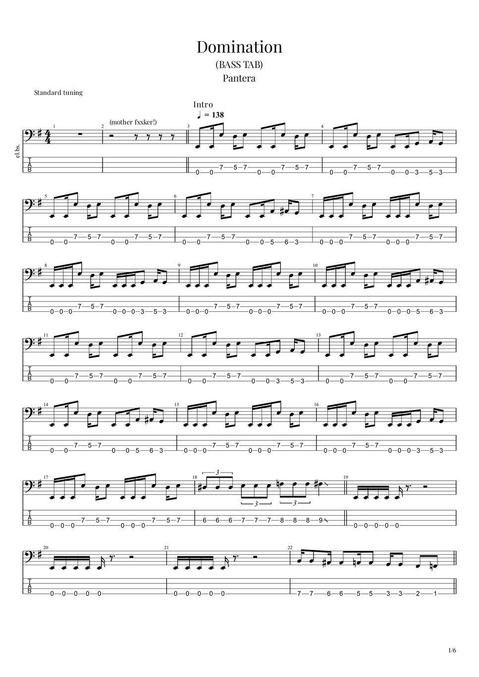 Pantera - Domination (BASS TAB + Guitar Pro) Tab + 1staff by Um Hanwool