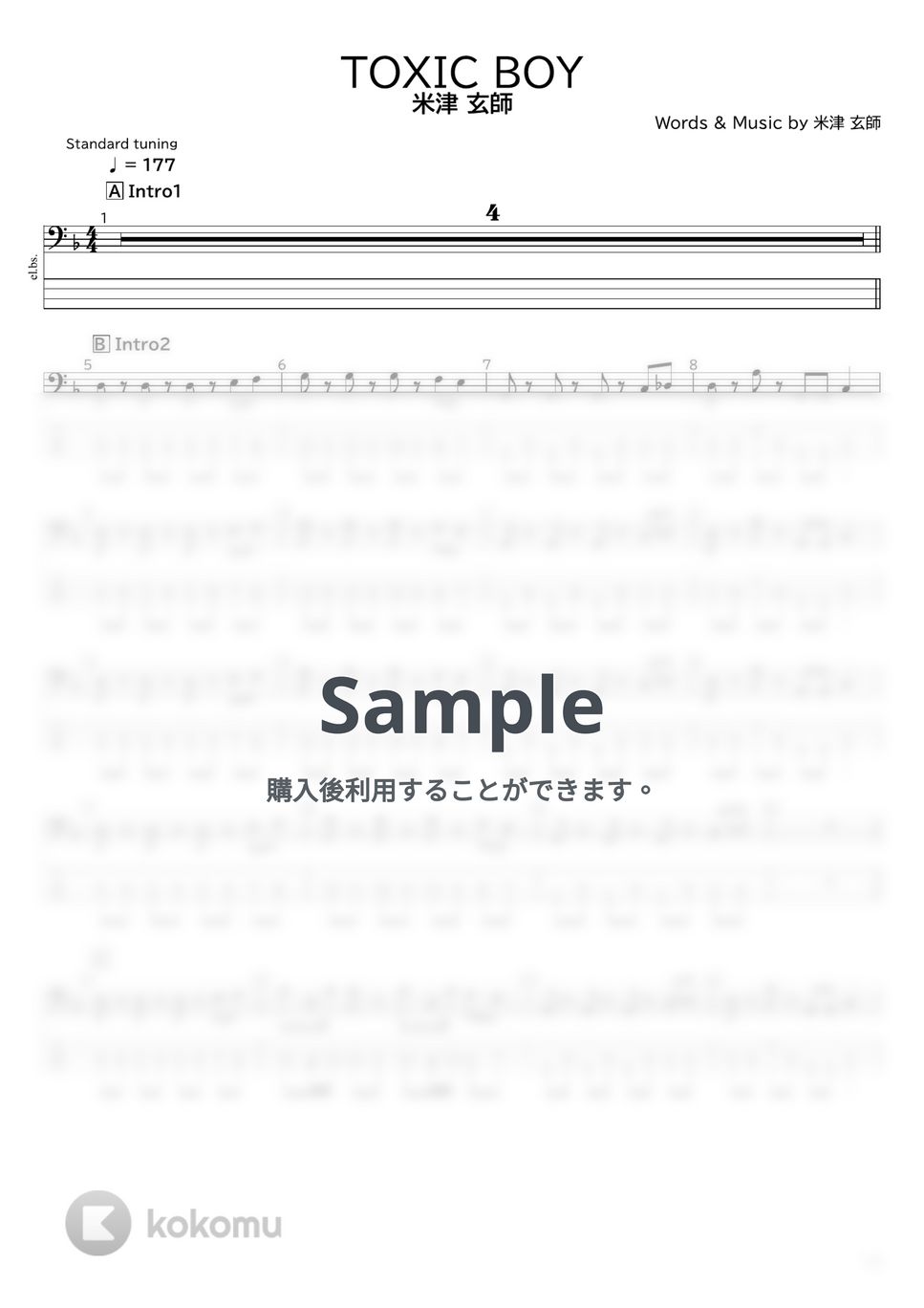 米津 玄師 - TOXIC BOY 楽譜 by たぶべー＠財布に優しいベース用楽譜屋さん