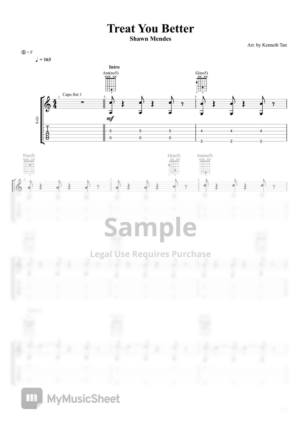 Shawn Mendes | Fingerstyle Guitar - Treat You Better Sheets by Kenneth ...