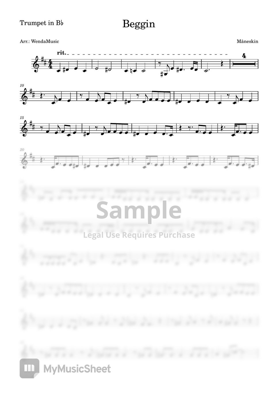 Maneskin - Beggin (Trumpet in Bb) Sheets by WendaMusic