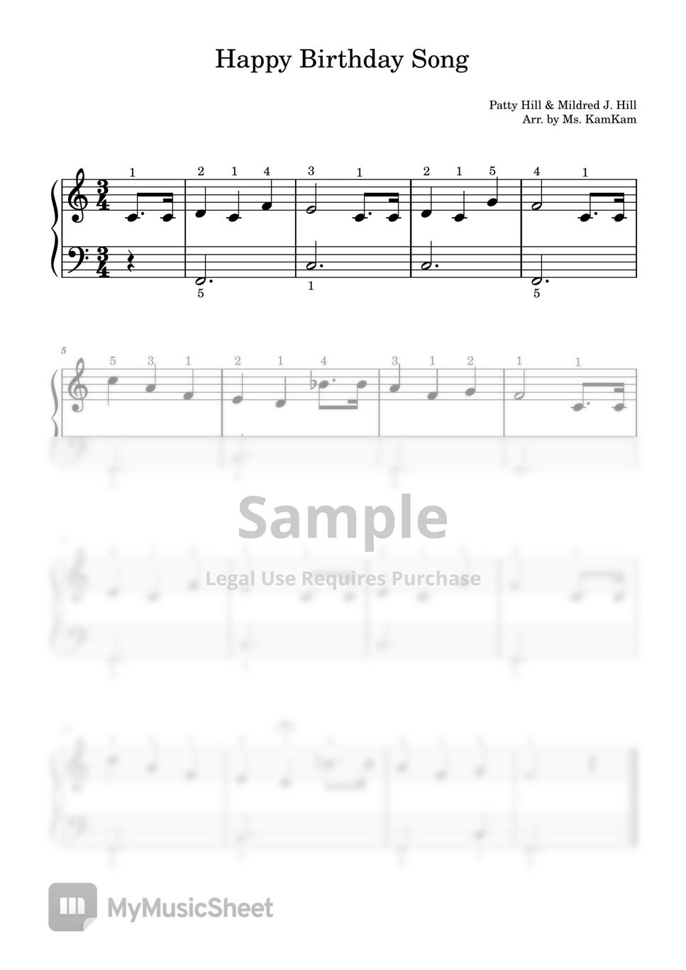 Patty Hill & Mildred J. Hill - 生日歌 (附有手指位) Sheets by Ms. KamKam