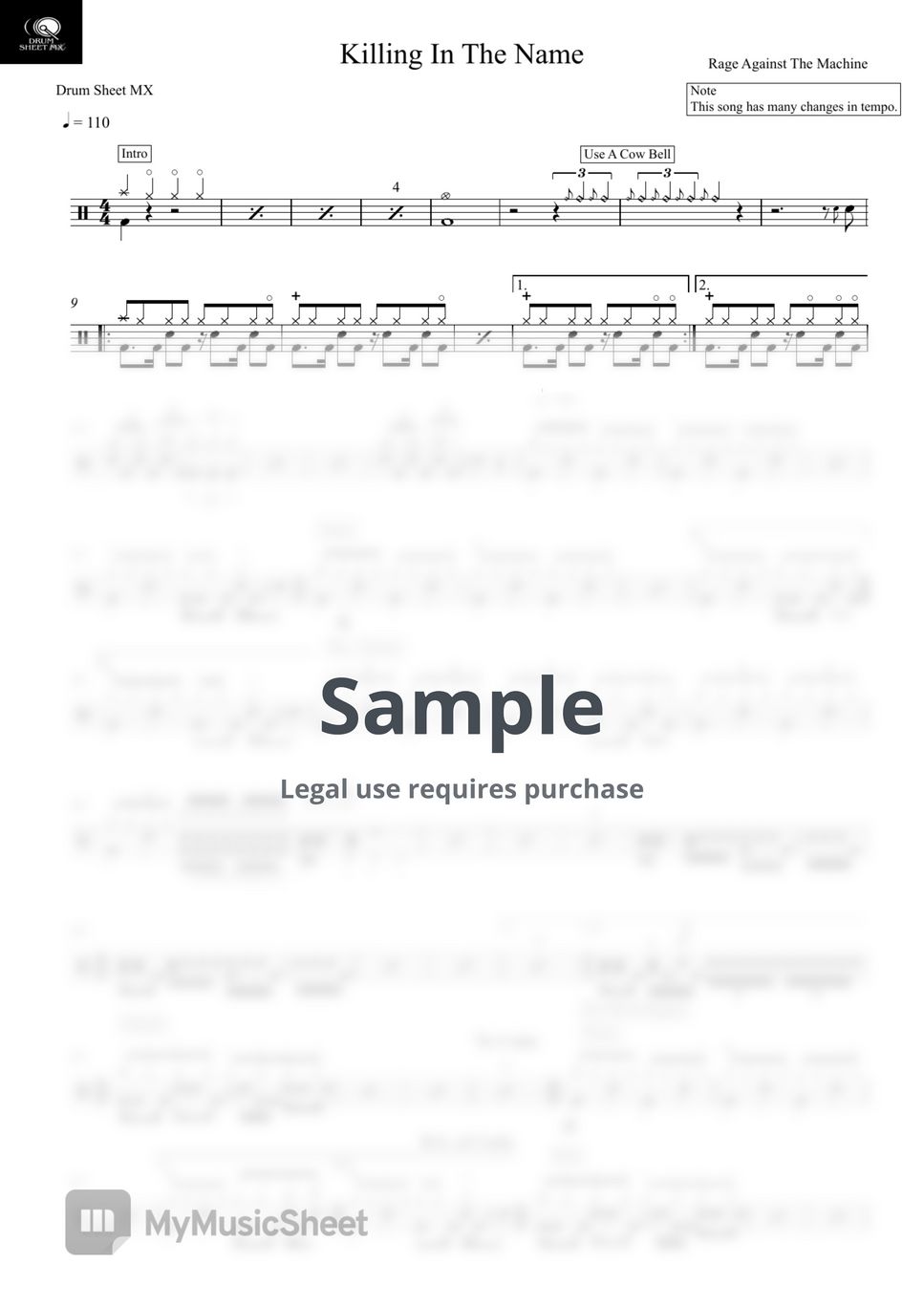 Rage Against The Machine - Killing In The Name Sheet Music by Drum Sheet MX