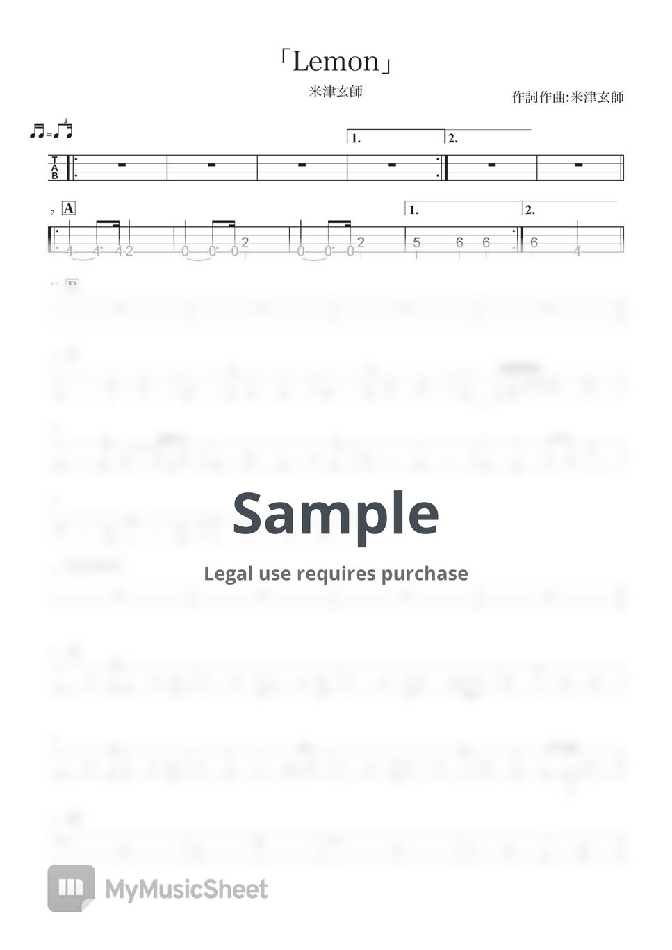 米津玄師 - Lemon (ベース譜/TAB譜のみ/4弦ベース) Sheet Music by きどりん