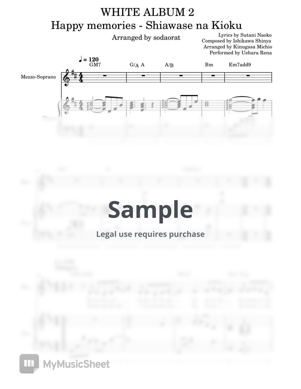 Rena Uehara - AQUAPLUS - WHITE ALBUM 2 OST - Shiawase na Kioku Sheets by sodaorat