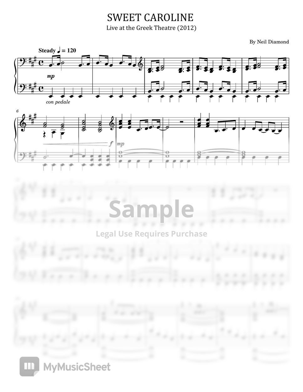 Neil Diamond - Sweet Caroline (For Piano Solo) 악보 by poon