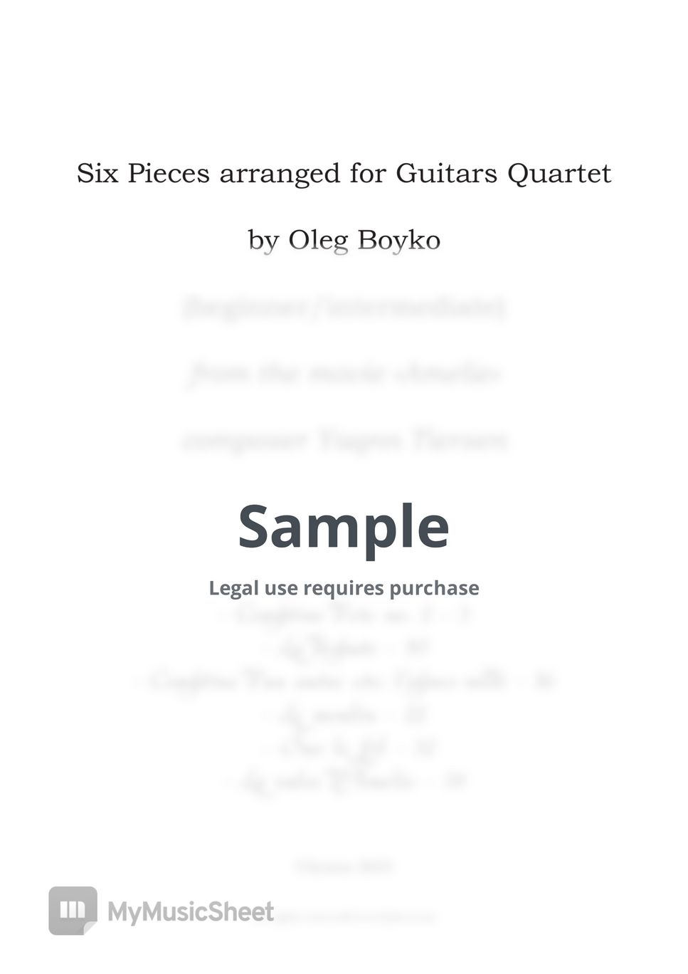 Six Pieces arranged for Guitars Quartet from the movie "Amelie" Sheet ...