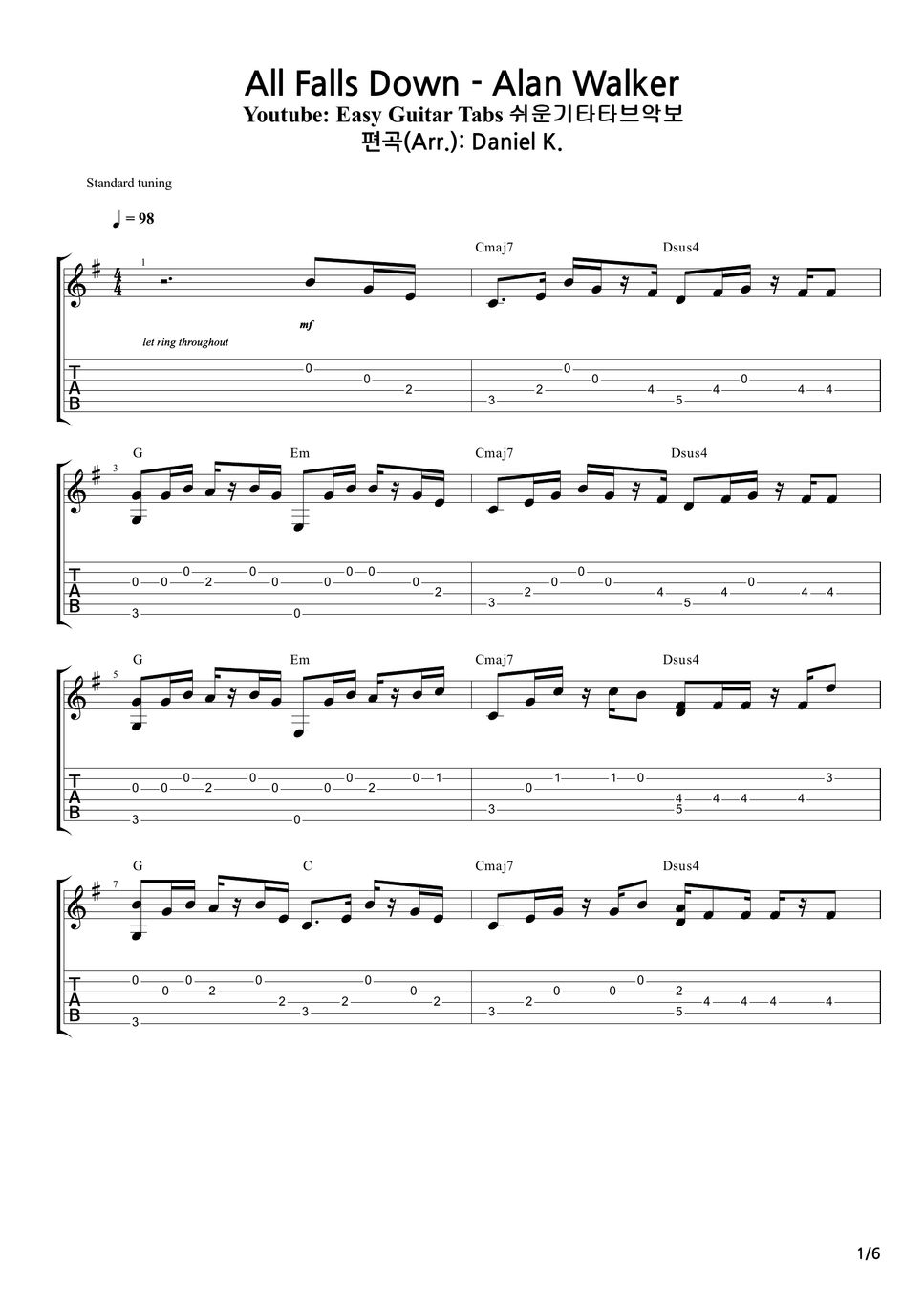 쉬운기타타브악보 - All Falls Down - Alan Walker TAB by Daniel K.