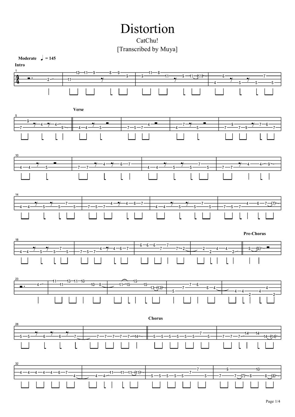 CatChu! - Distortion (Bass TAB) 楽譜 by Muya