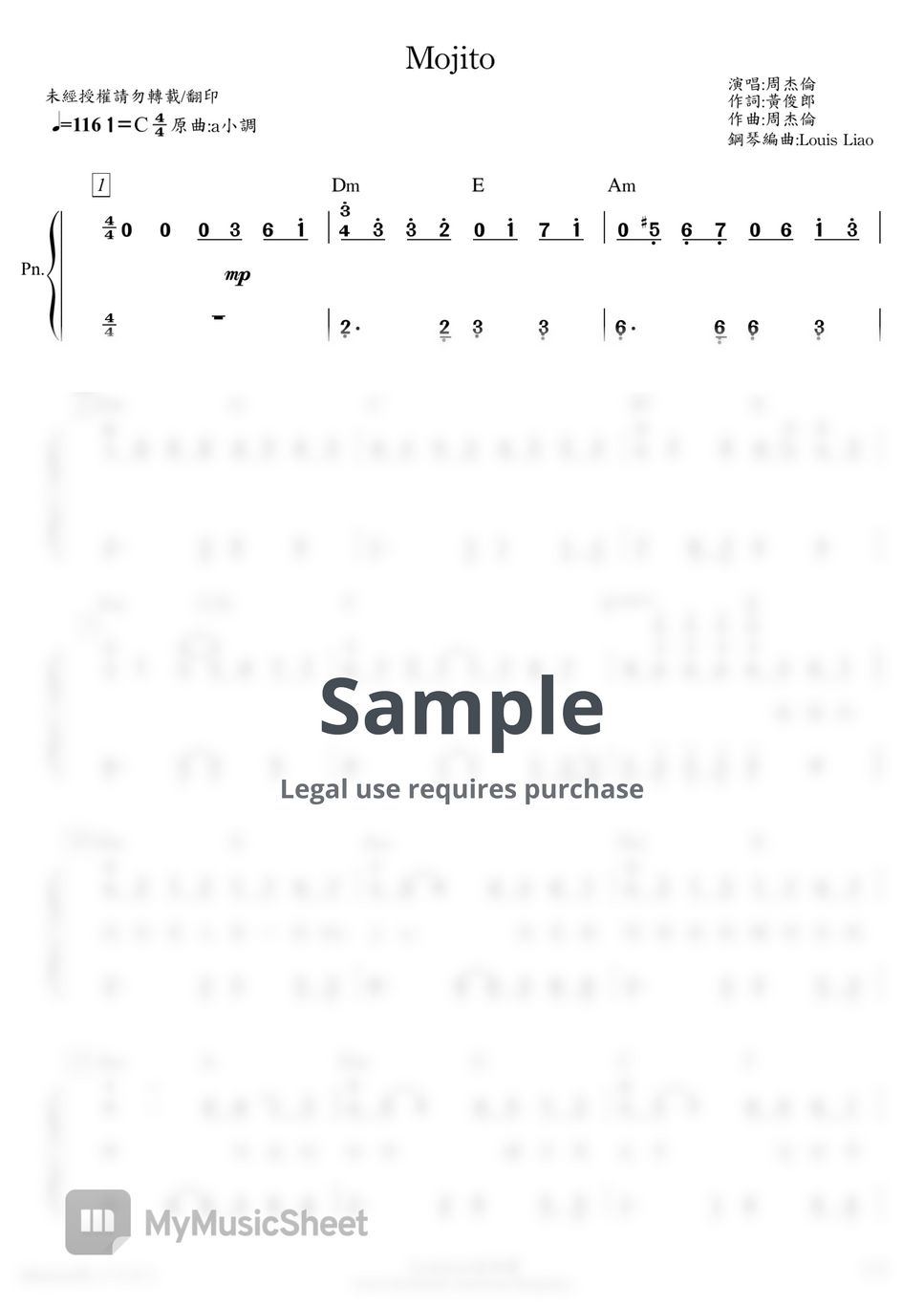 周杰倫 Jay Chou - Mojito (簡譜版) Sheets by LouisLiao