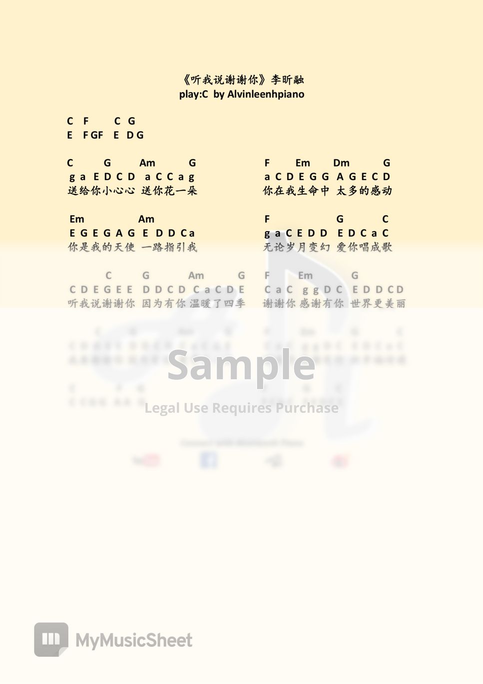 Li Xin Rong - Ting Wo Shuo Xie Xie Ni - Thank you Song 악보 by Alvinleenh