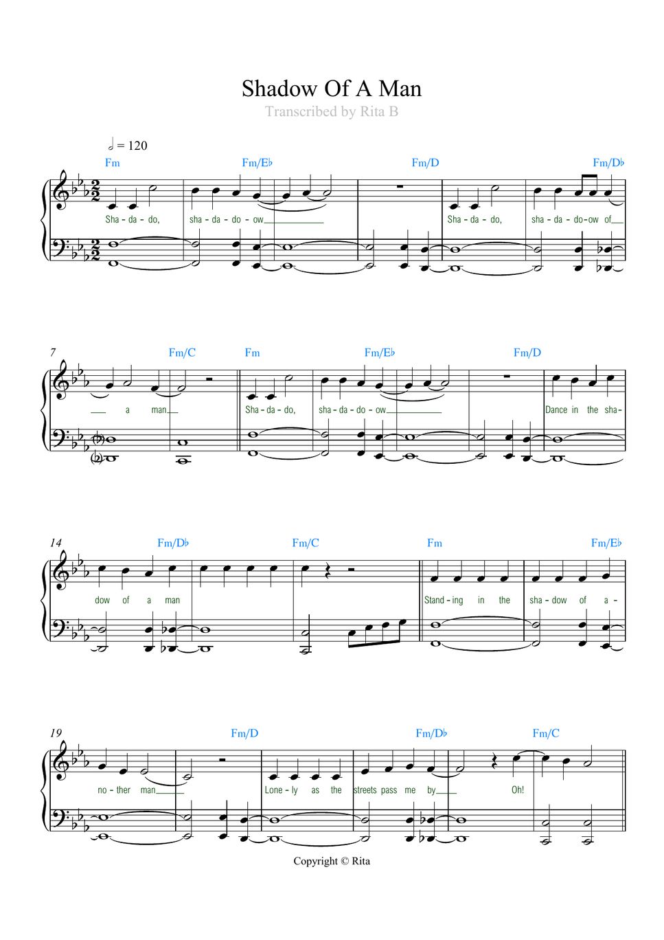 Lady Gaga - Shadow Of A Man (Lyrics, chords) Sheets by Rita B