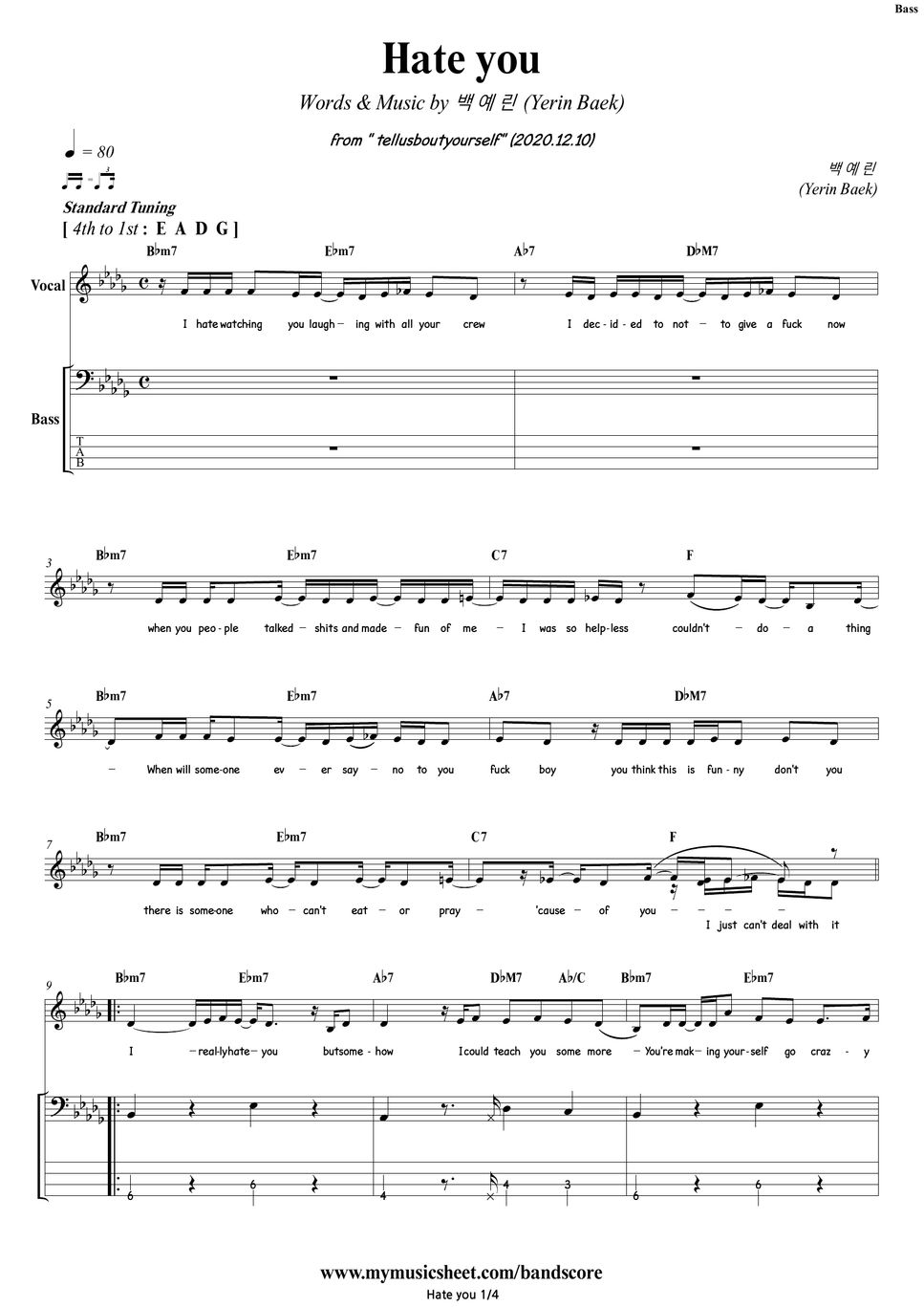 Yerin Baek - Hate You | Bass / Backing TRack 악보