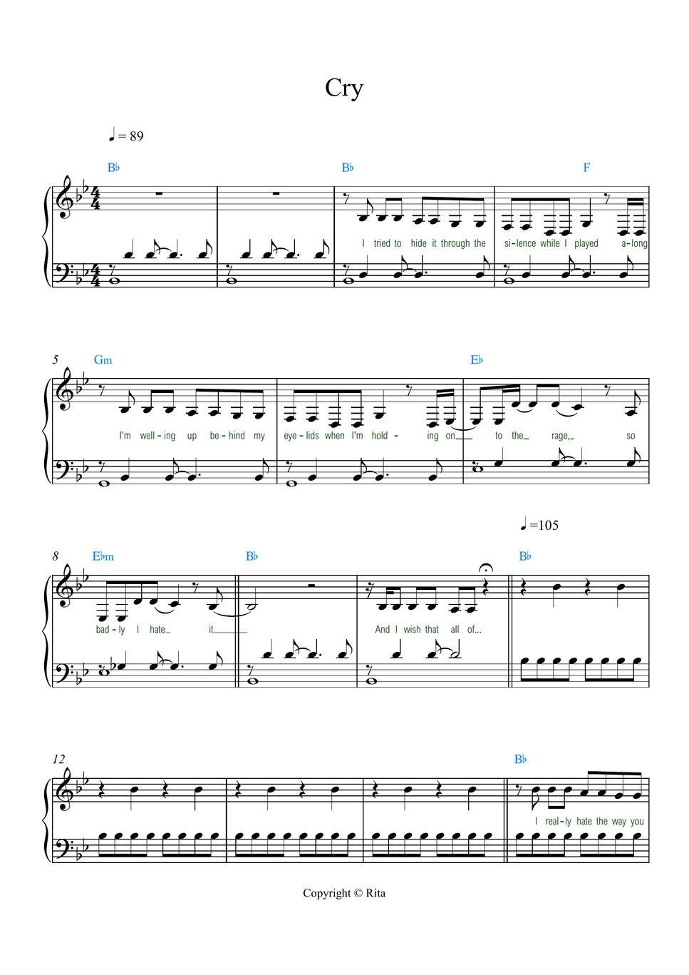 Benson Boone - Cry Sheet Music by Rita B