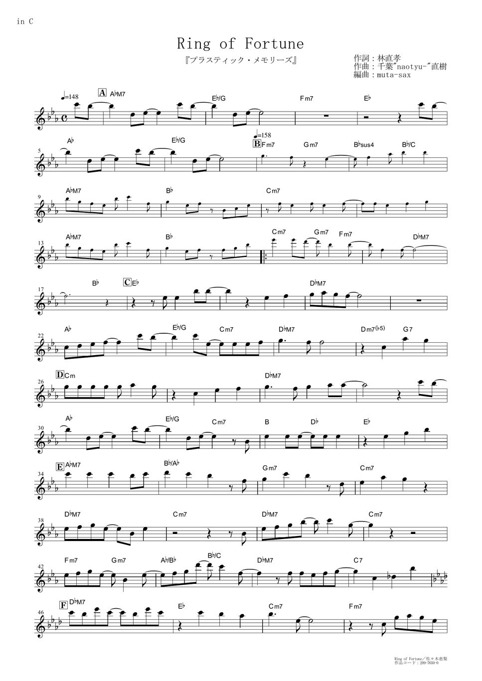 Eri Sasaki - Ring of Fortune (Plastic Memories / in C) Notenblatt by ...