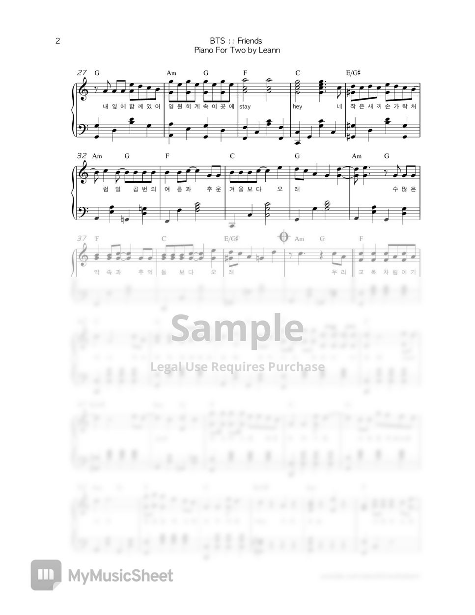 BTS - Friends 친구 (Easy/Orignal Key) Sheets by LeannCho