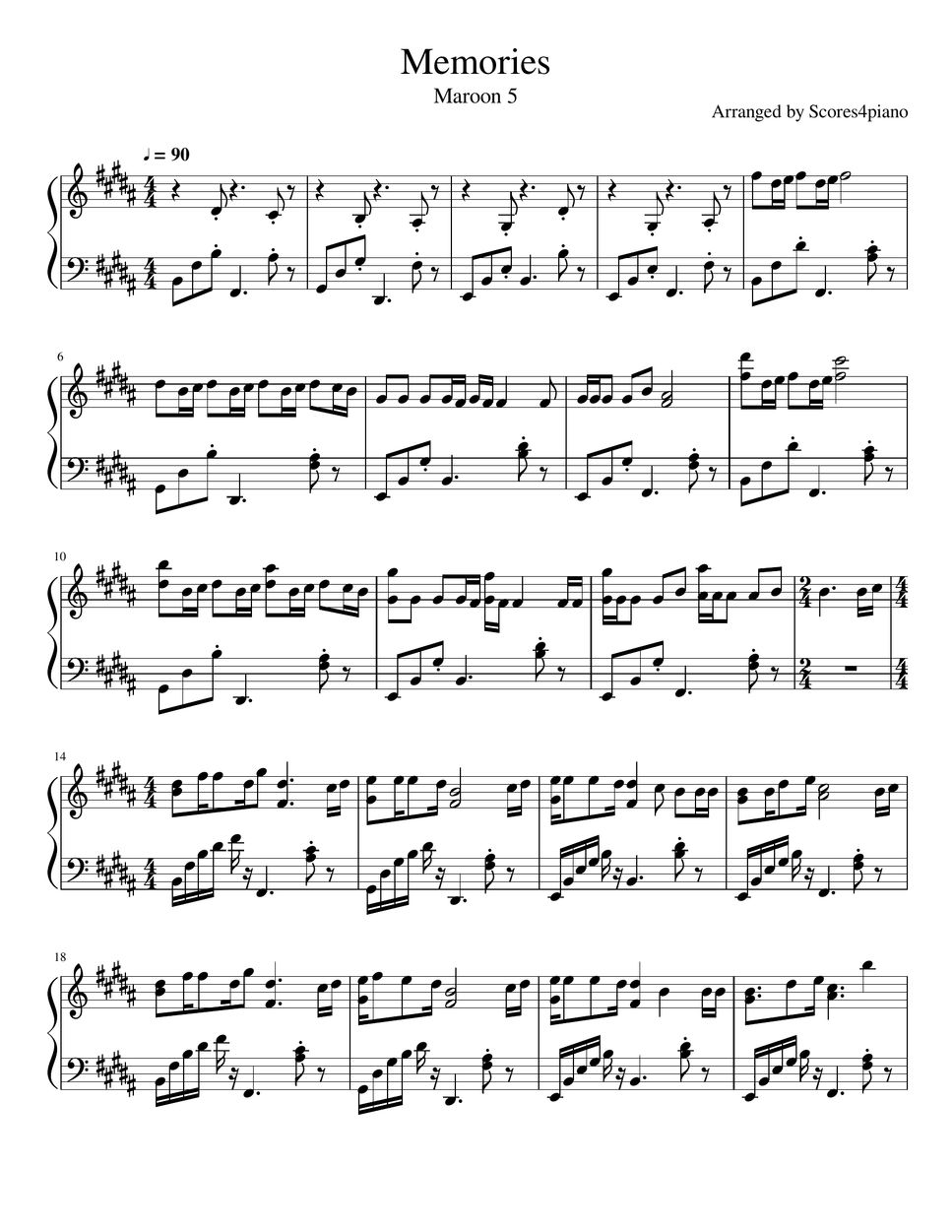 Maroon 5 - Memories Sheet by Scores4piano