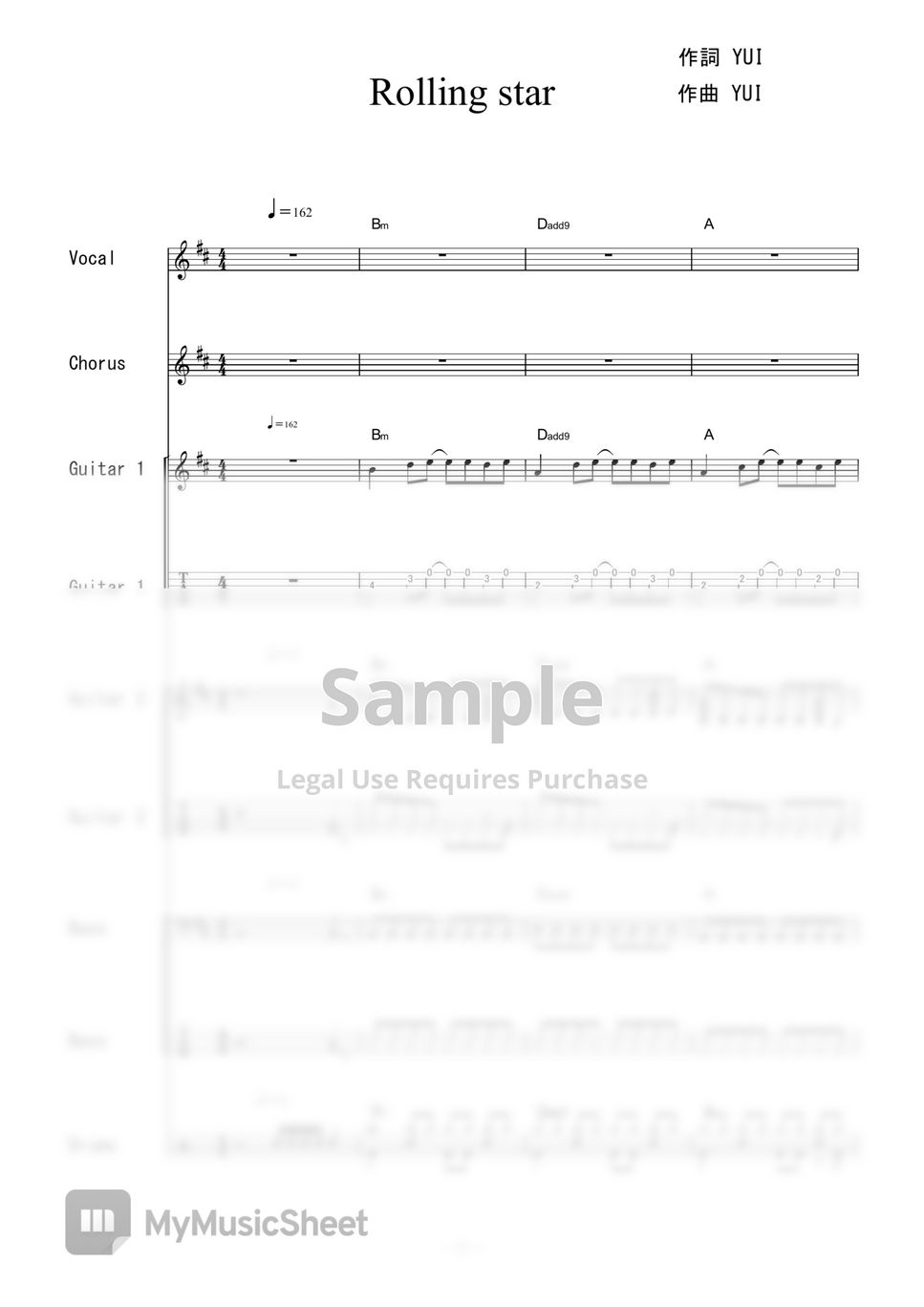 BLEACH - Rolling star (バンドスコア) TAB+1 Staff by 二次元楽譜製作所