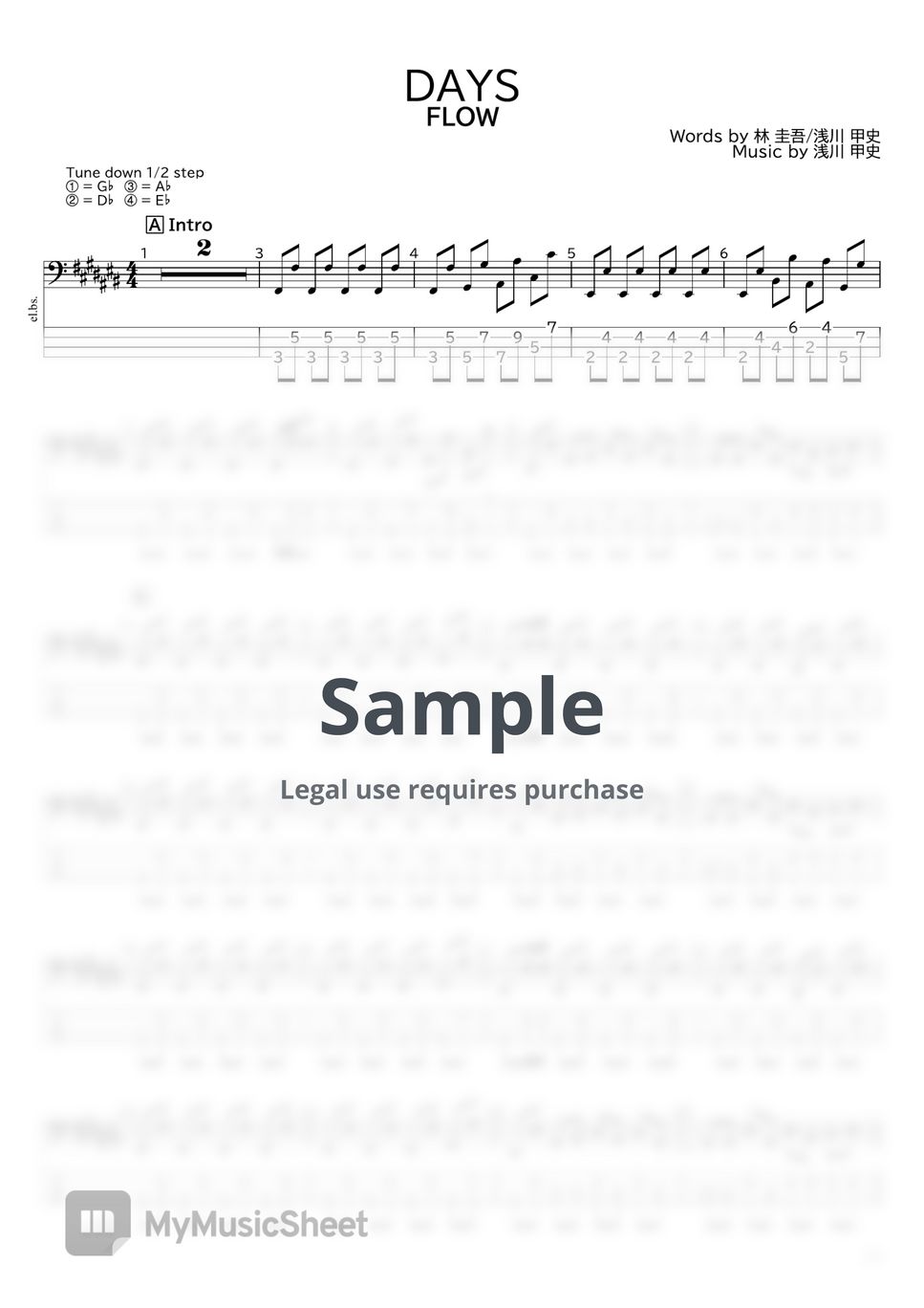 FLOW - DAYS 악보 by たぶべー＠財布に優しいベース楽譜屋さん（BASS・TAB譜）