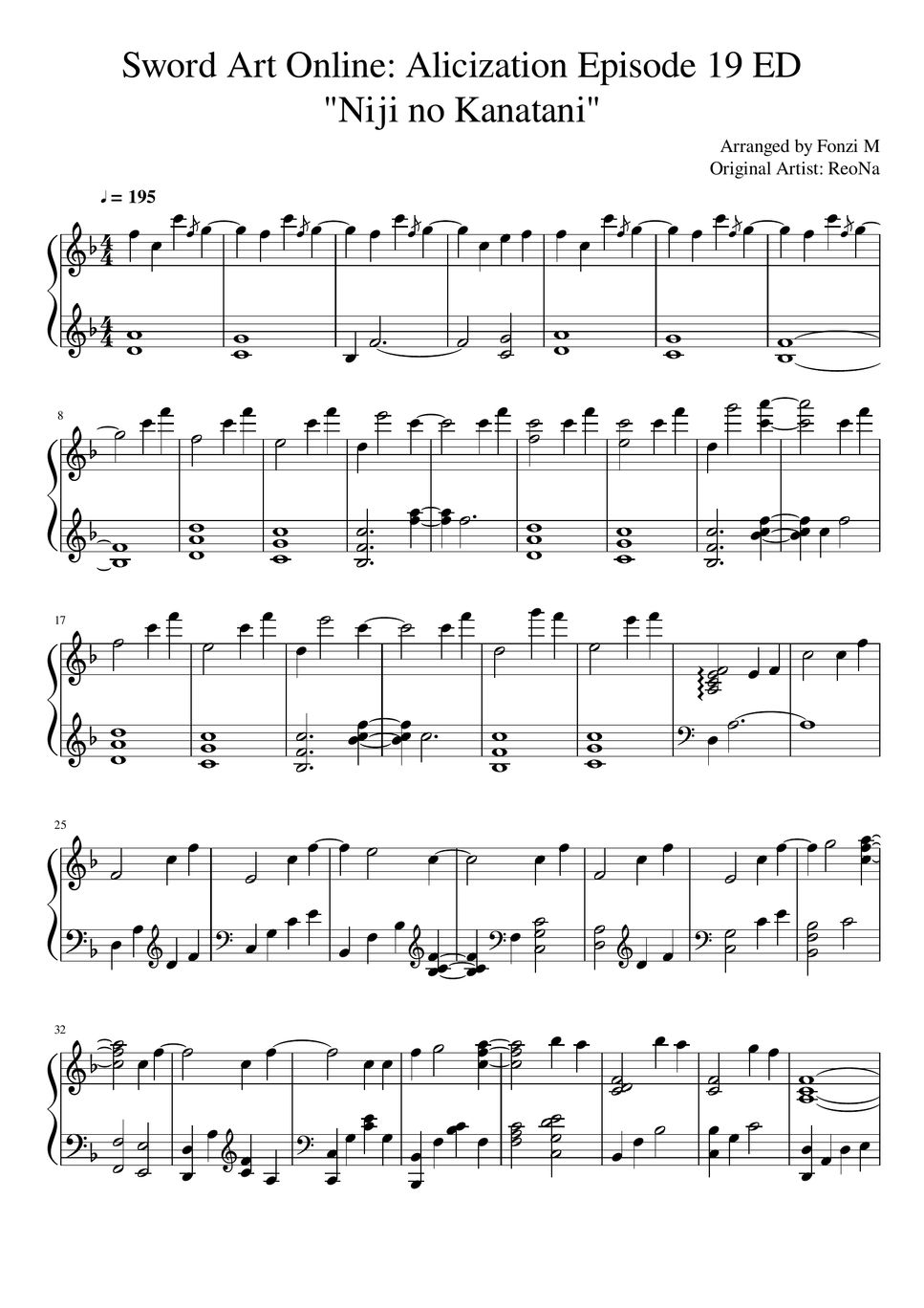 ReoNa - Sword Art Online: Alicization Episode 19 ED - "Niji no Kanatani" Sheet by Fonzi M