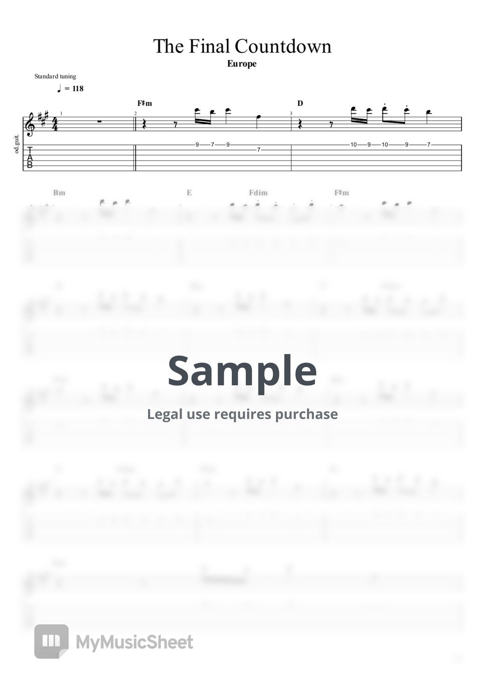 Europe - The Final Countdown TAB+1 Staff by guitar cover with tab