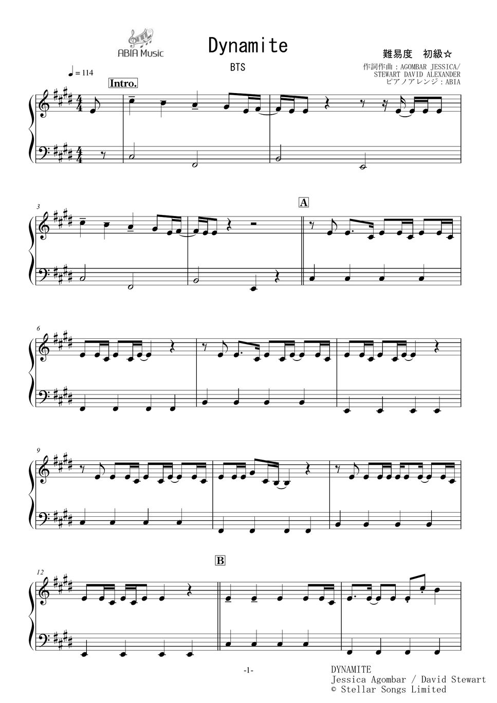 Bts Dynamite Sheets By Abia Music
