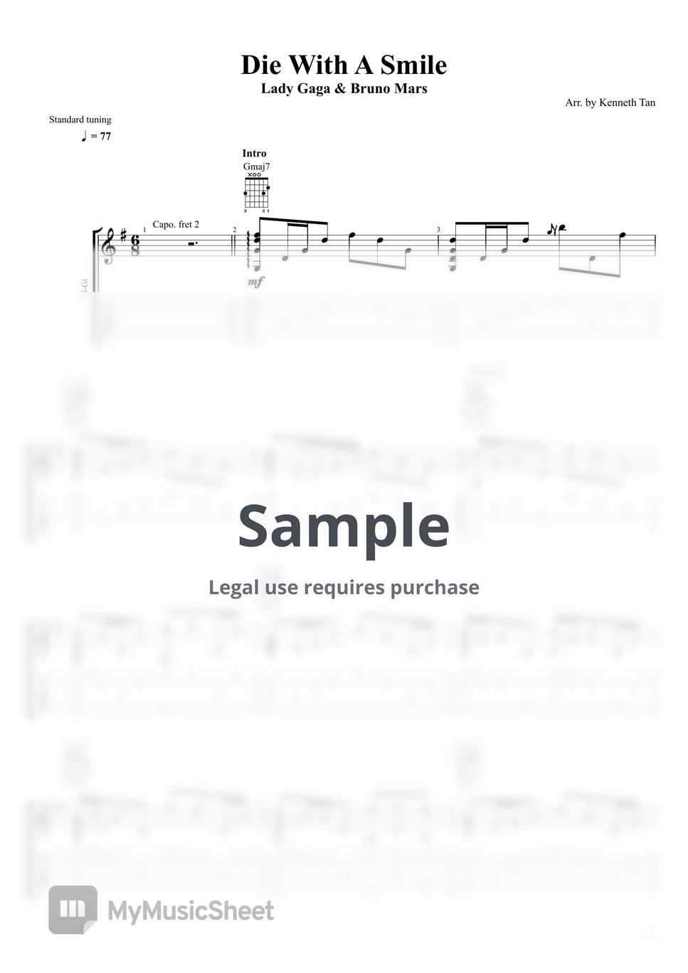 Lady Gaga & Bruno Mars | Fingerstyle Guitar - Die With A Smile Sheet ...
