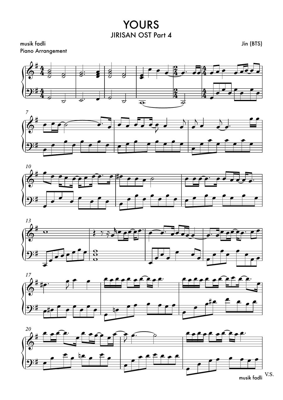 Yours (Female Key in G) - Jin (BTS) (easy version) نوتة by musik fadli