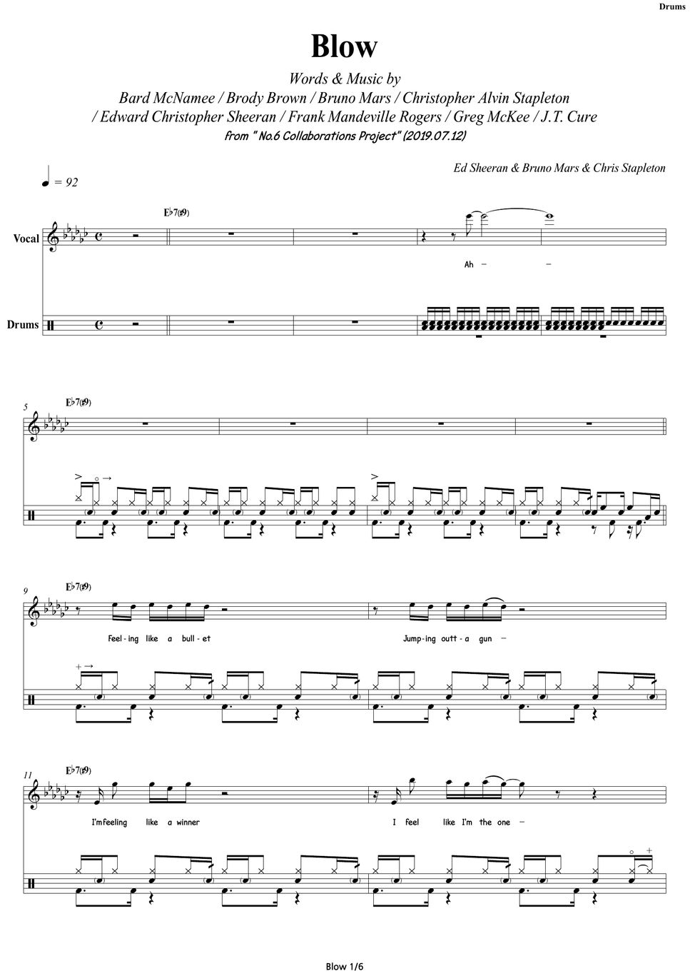 Blow - Ed Sheeran, Chris Stapleton, Bruno Mars | Drums 드럼 Sheets