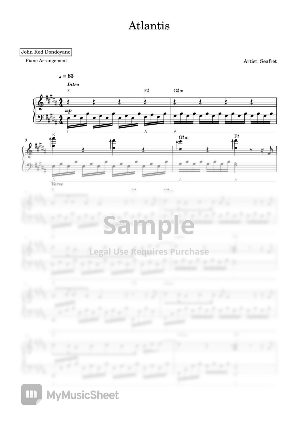 Seafret - Atlantis (PIANO SHEET) Sheet Music by John Rod Dondoyano