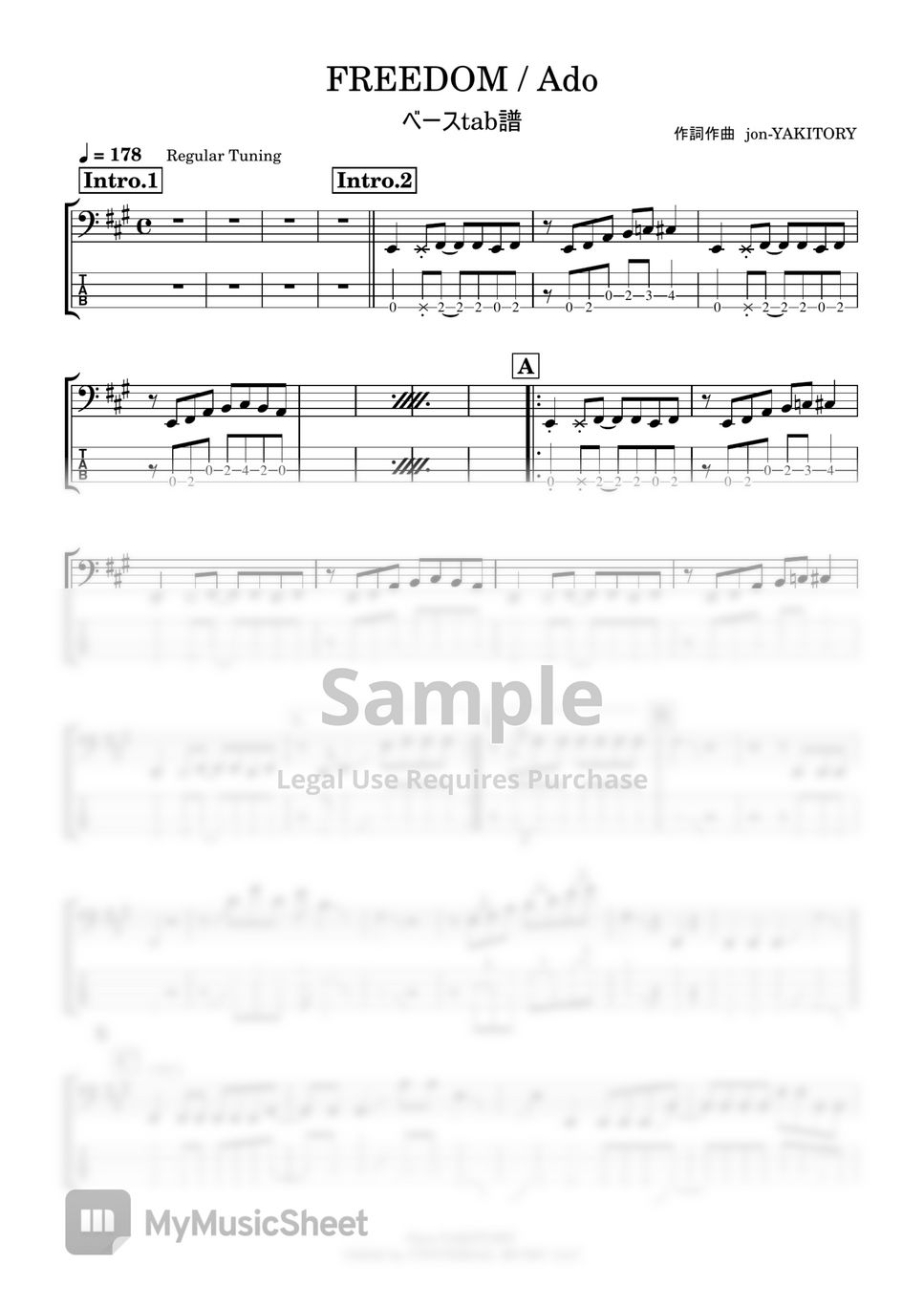 Ado - FREEDOM (ベースtab + MIDI) Sheet Music by 鈴木建作