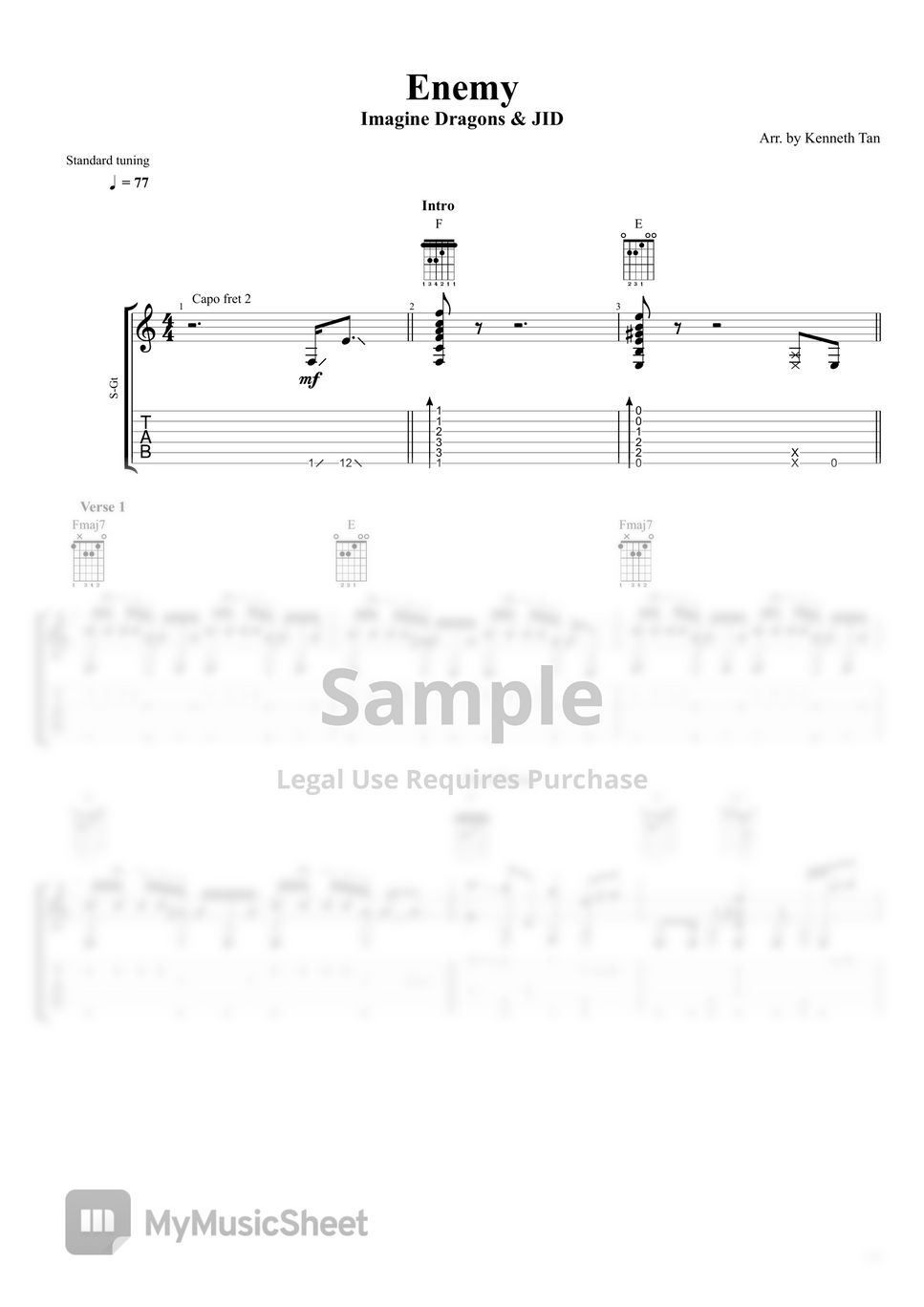 Imagine Dragons & JID | Fingerstyle Guitar - Enemy Sheets by Kenneth ...