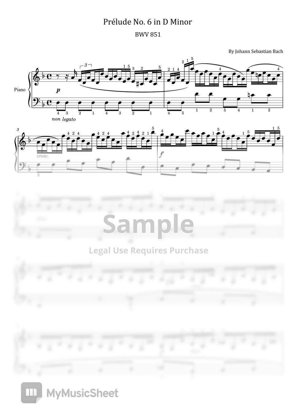 Johann Sebastian Bach - Prélude No. 6 in D Minor - BWV 851 (Original With Fingered - For Piano ...