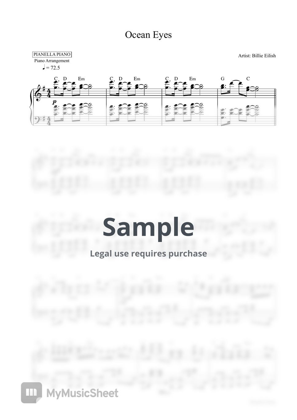 Billie Eilish - Ocean Eyes (Piano Sheet) Sheet Music by Pianella Piano