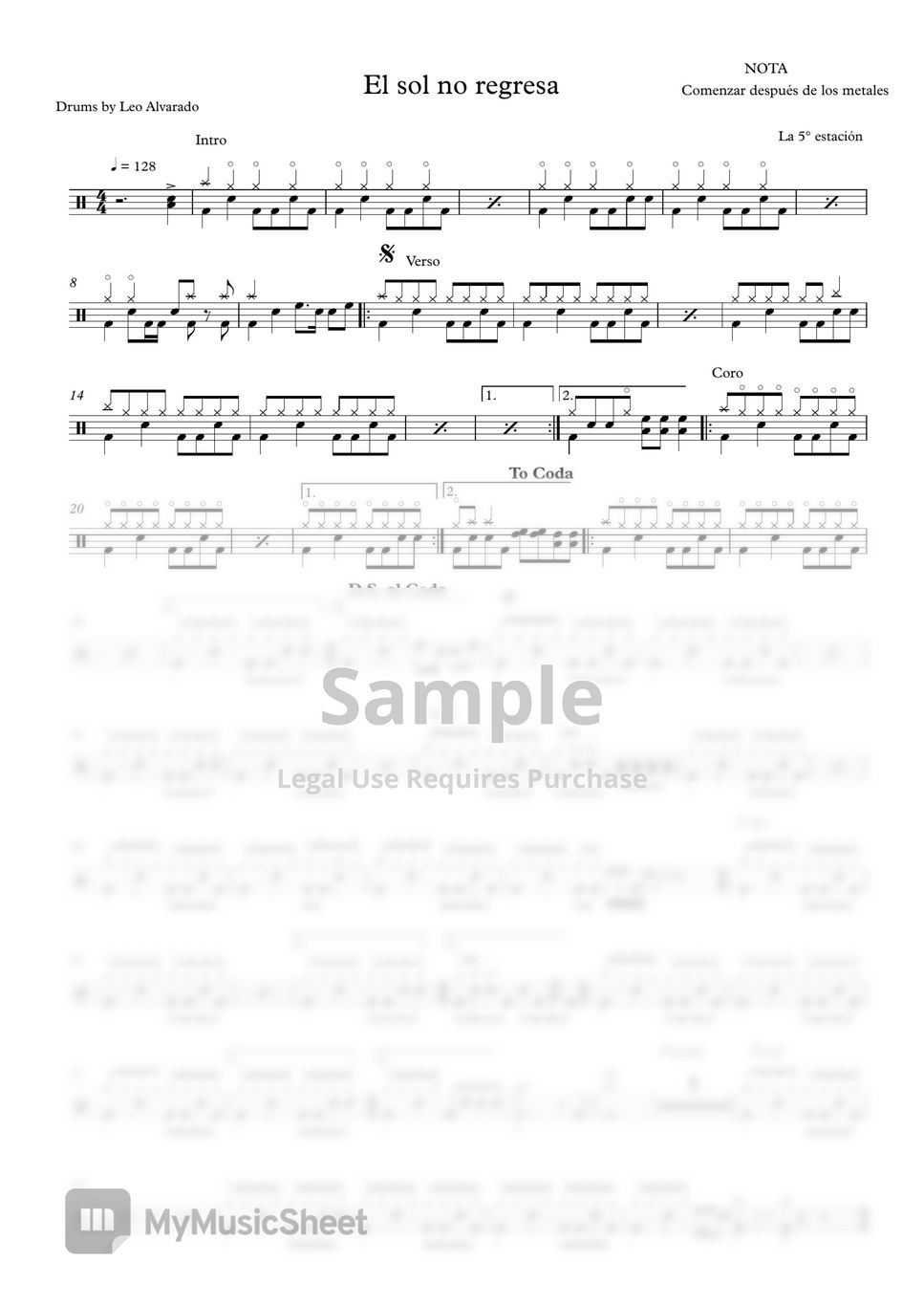 La 5a estación - El sol no regresa Sheet Music by Drum Transcription: Leo Alvarado